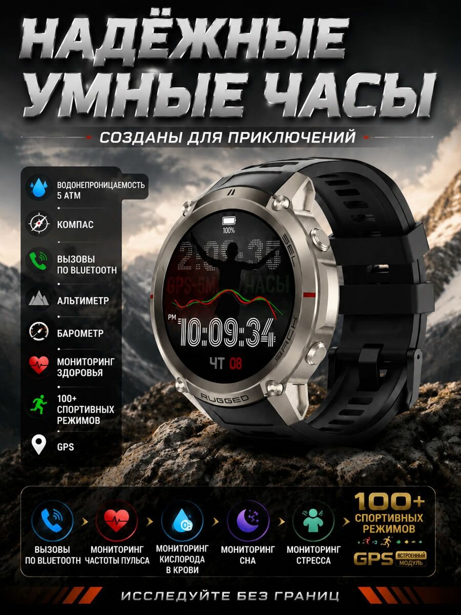 Bоенные смарт часы мужские автономный GPS и офлайн-карты, Компас, водонепроницаемость 5 АТМ, 1,43' AMOLED , 100 + спортивных режимов, компас, мониторинг пульса/SpO2 , с Android и iOS