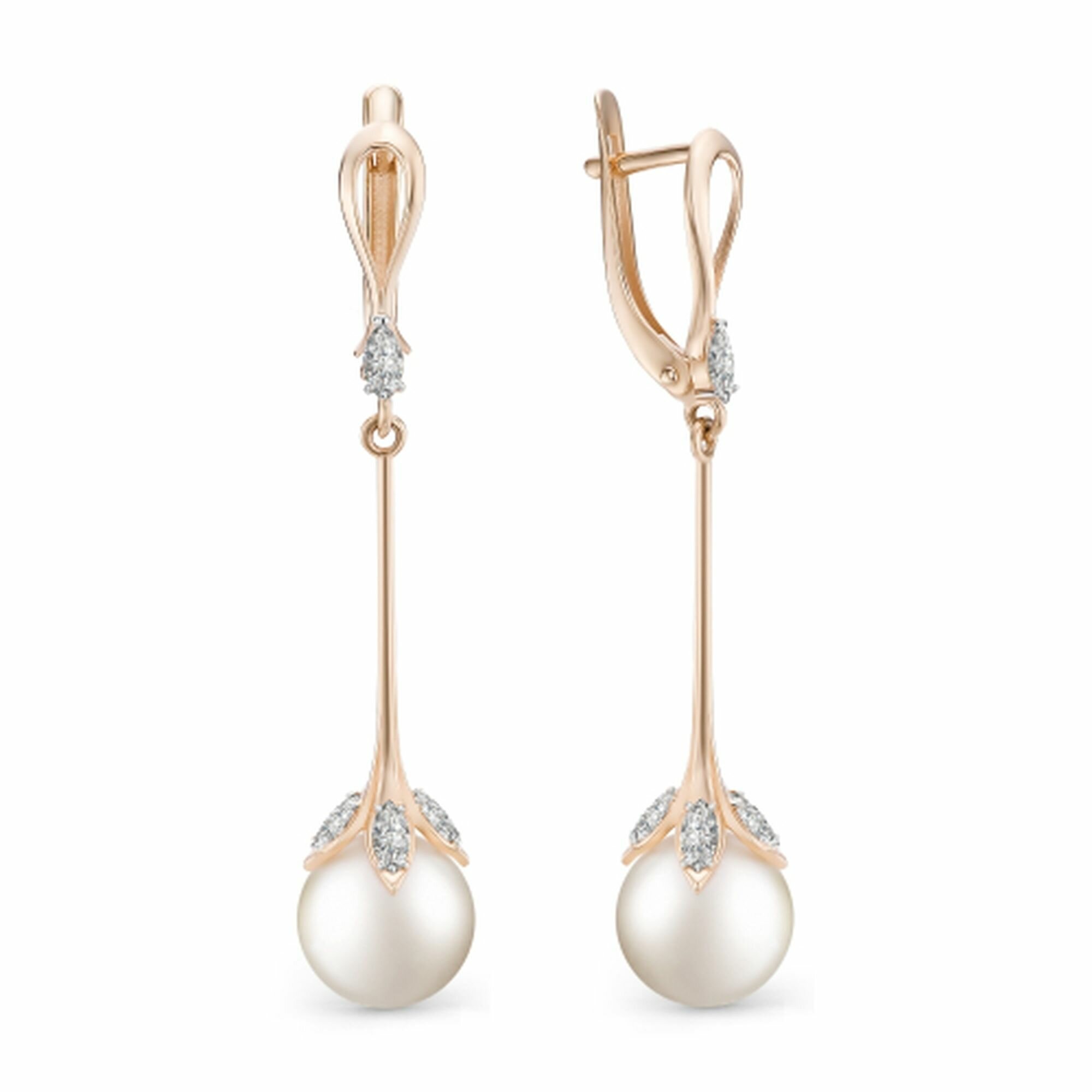 Серьги, красное золото, 585 проба, фианит, жемчуг