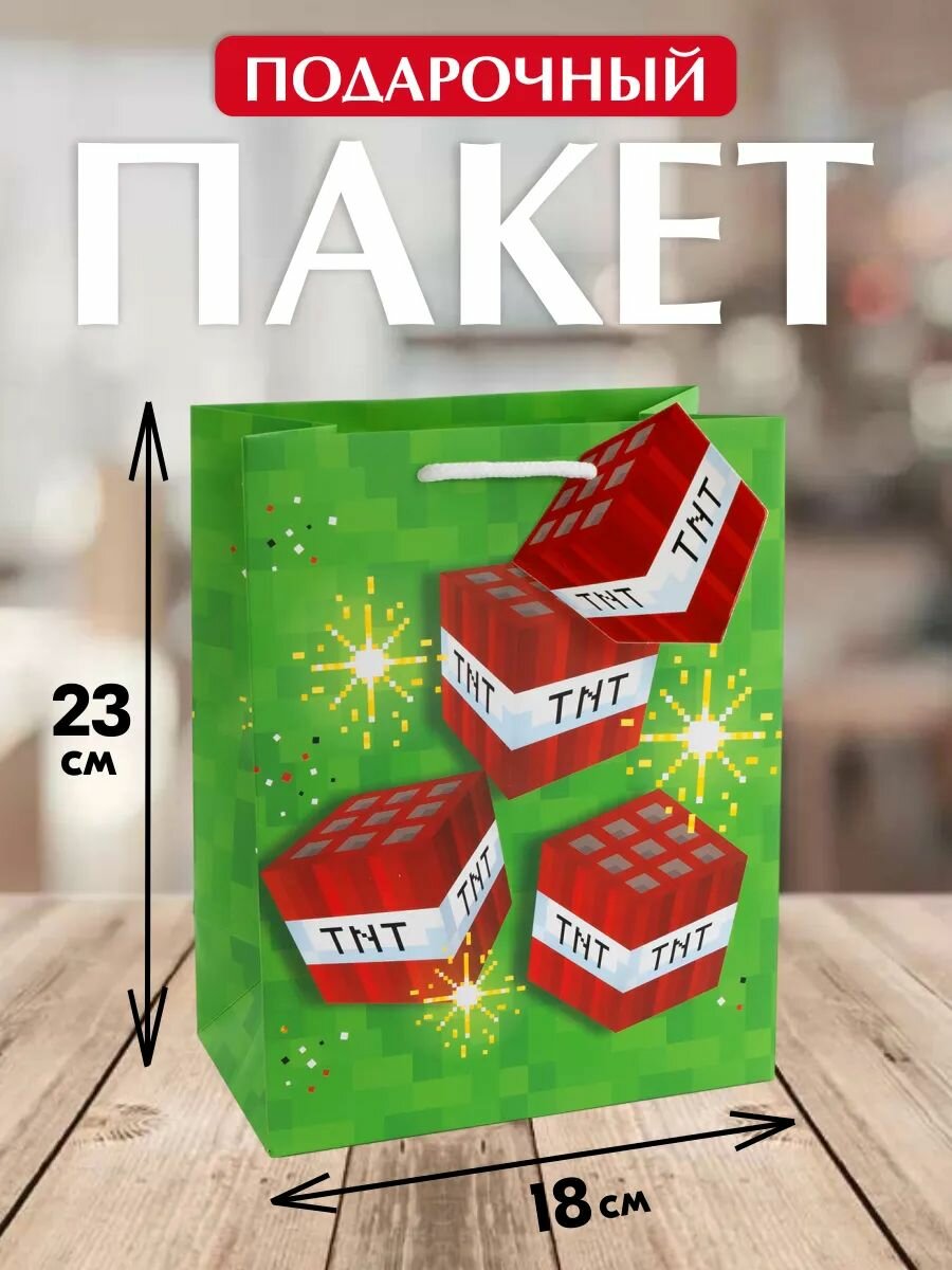 Подарочный пакет С днем рождения, большой, детский Майнкрафт. Упаковка для подарка на день рождения. 23х18х10 см.