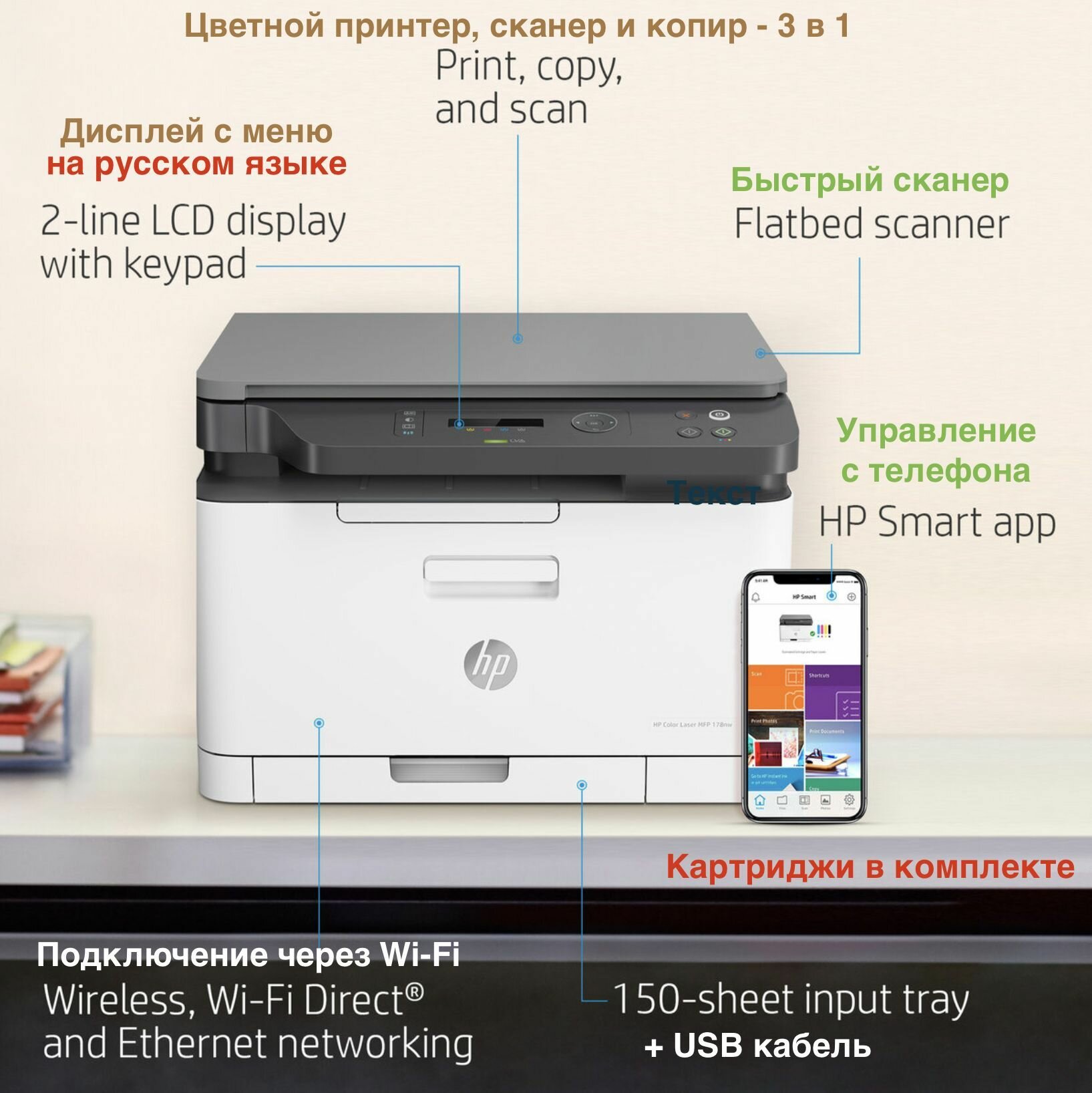 HP МФУ Лазерное Color 178nw + Гарантия 12 месяцев + Wi-Fi + Русское меню + Перезаправляемые картриджи, белый, серый металлик