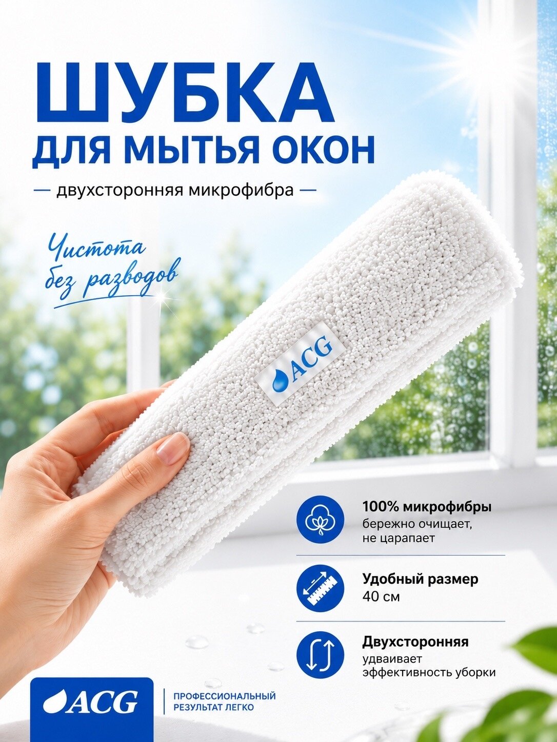 Шубка ACG для мытья окон, 40 см, микрофибра, сменная, без разводов