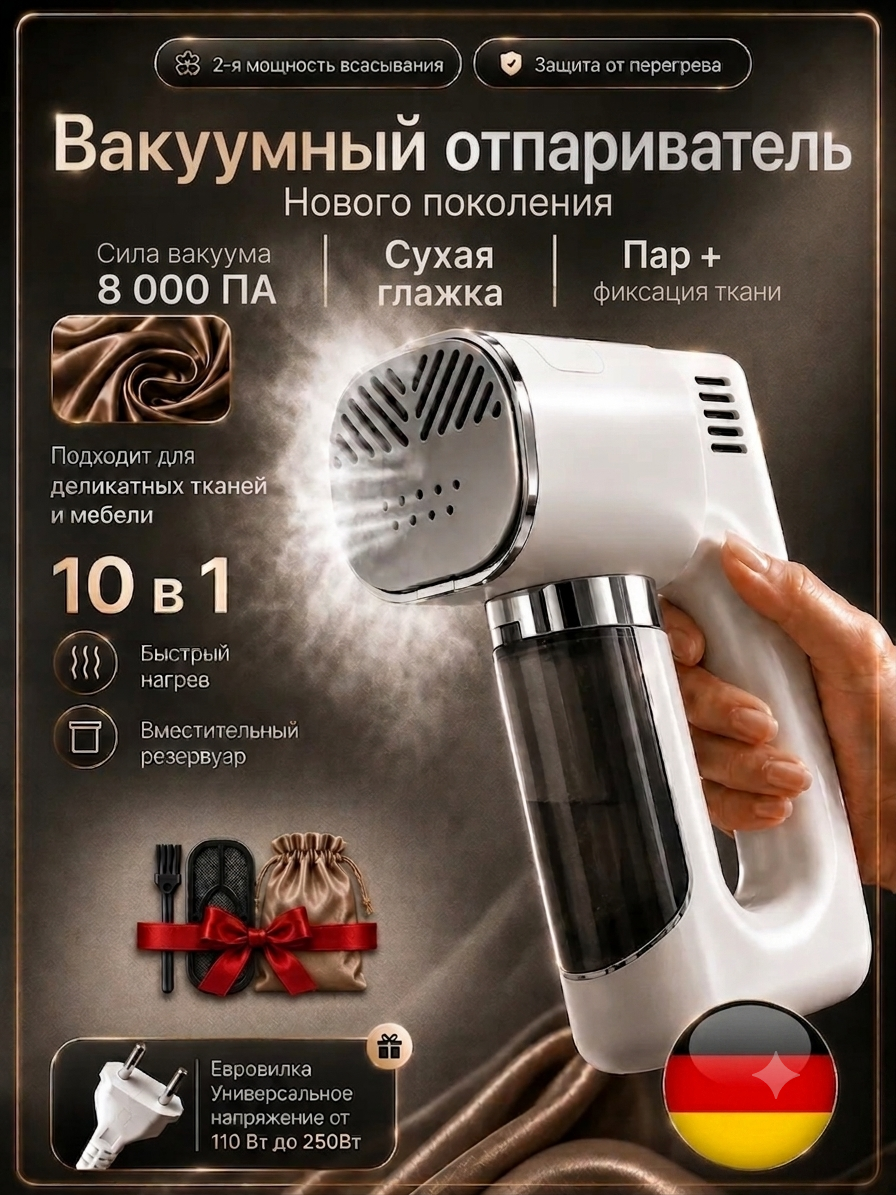 Вакуумный отпариватель, ручной, дорожный для одежды, 1200Вт, 10 в 1