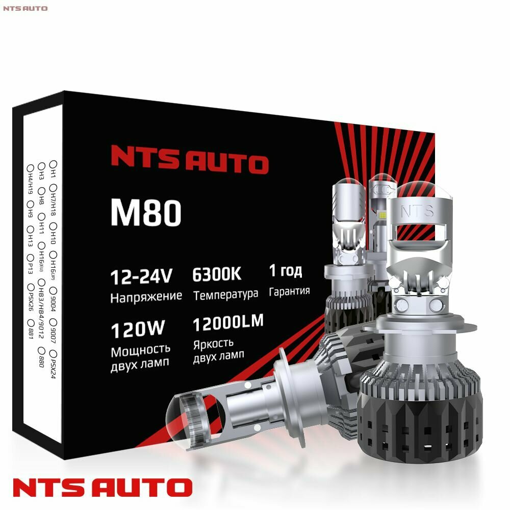 Светодиодные лампы H7 M80 мини линза 6300k 12000lm 120w 12-24v