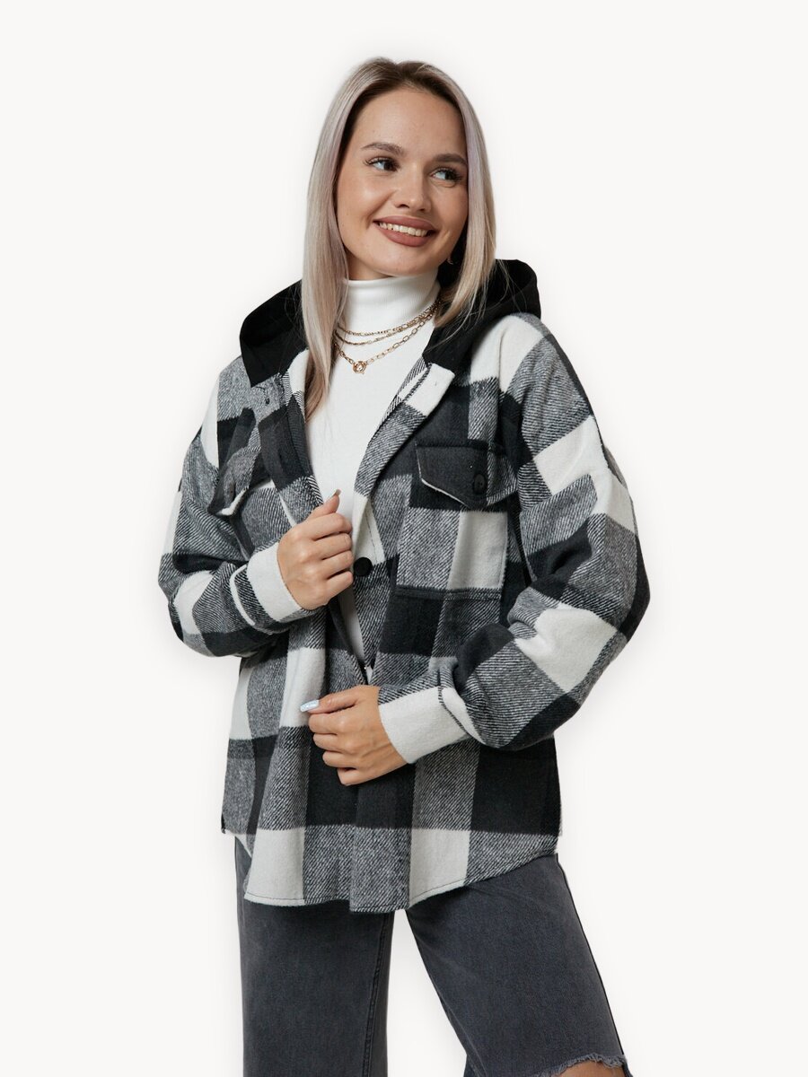 Рубашка женская теплая с длинным рукавом в клетку оверсайз фланелевая с капюшоном