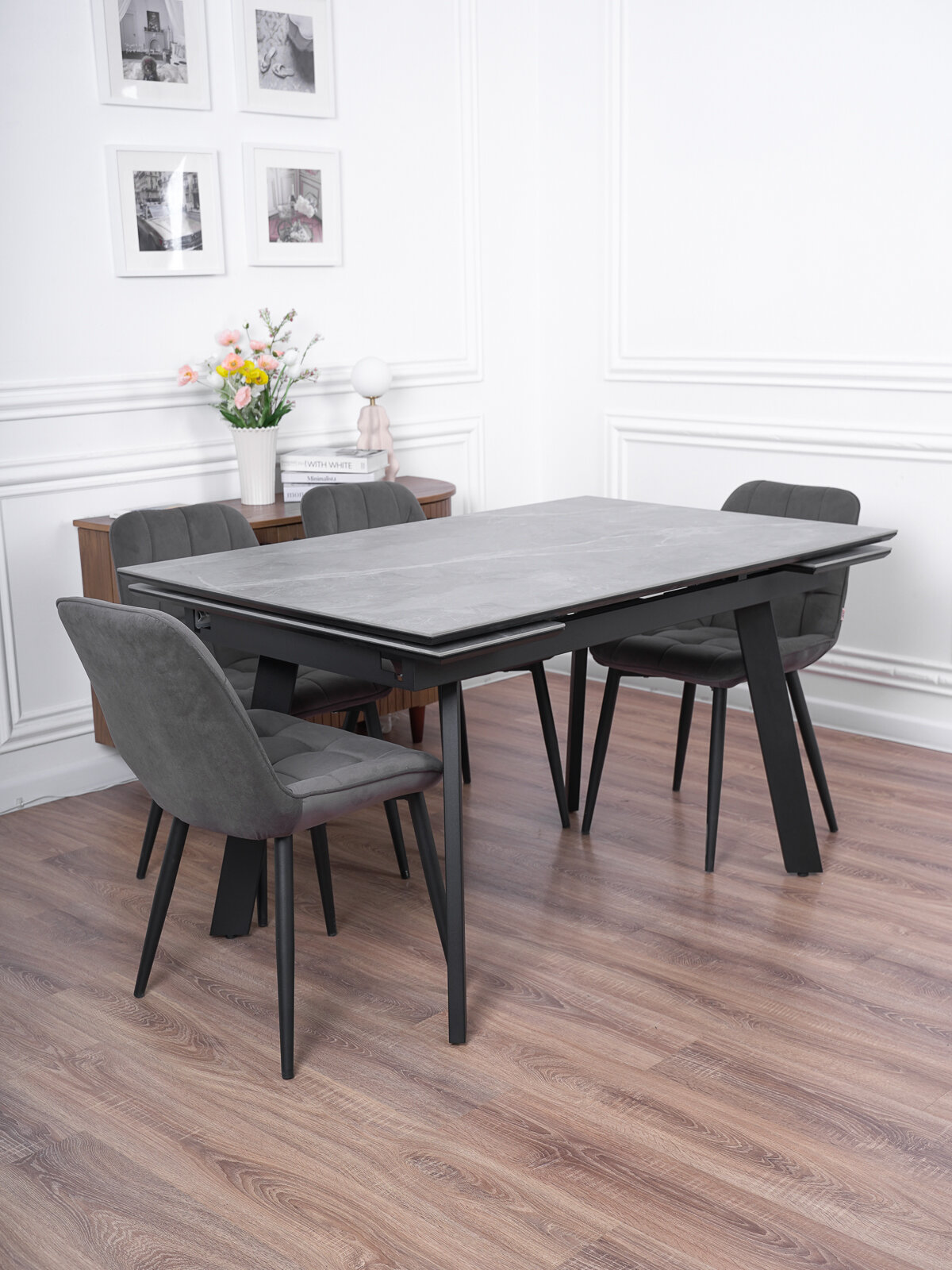 Стол кухонный обеденный керамогранит Рокс 140(200)х90смСерыйМраморОпорыЧерные