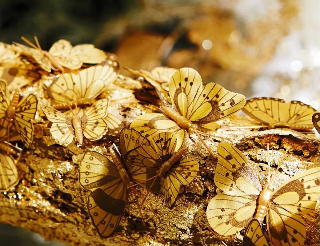 Набор декоративных бабочек фарфалле доро на клипсах, фомиаран, золотые, 10 шт, Kaemingk (Decoris)