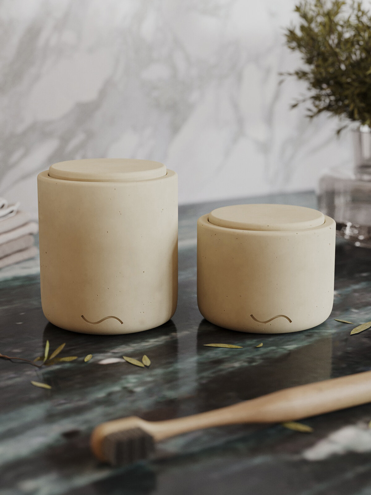 Набор для ванной Astrid №5 (две подставки для ватных палочек и дисков с крышками XS + S), бетон, кремовый матовый