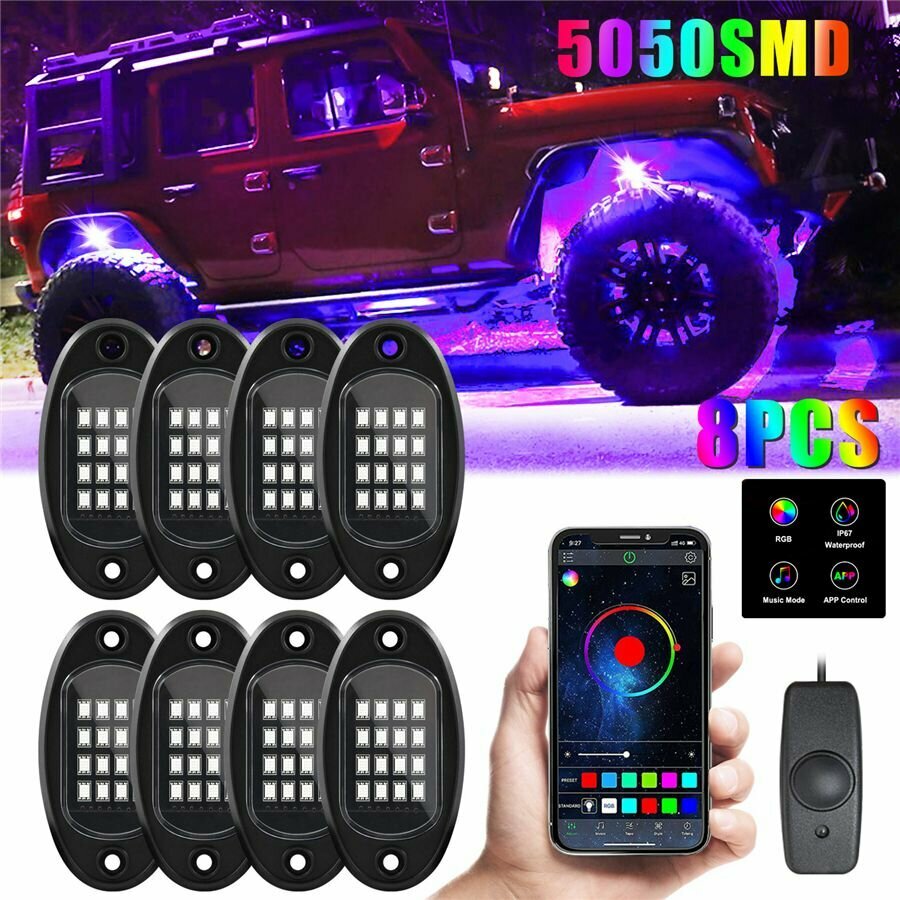 8 Капсул RGB LED Rock Lights Kit Для Днища Внедорожного Грузовика Неоновая Музыка Bluetooth APP