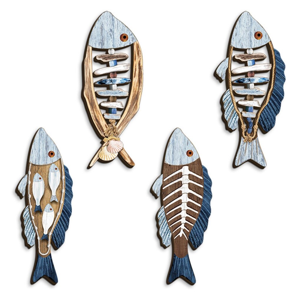 4 шт. деревянных настенных украшений в форме рыбы для ванной комнаты в деревенском стиле
