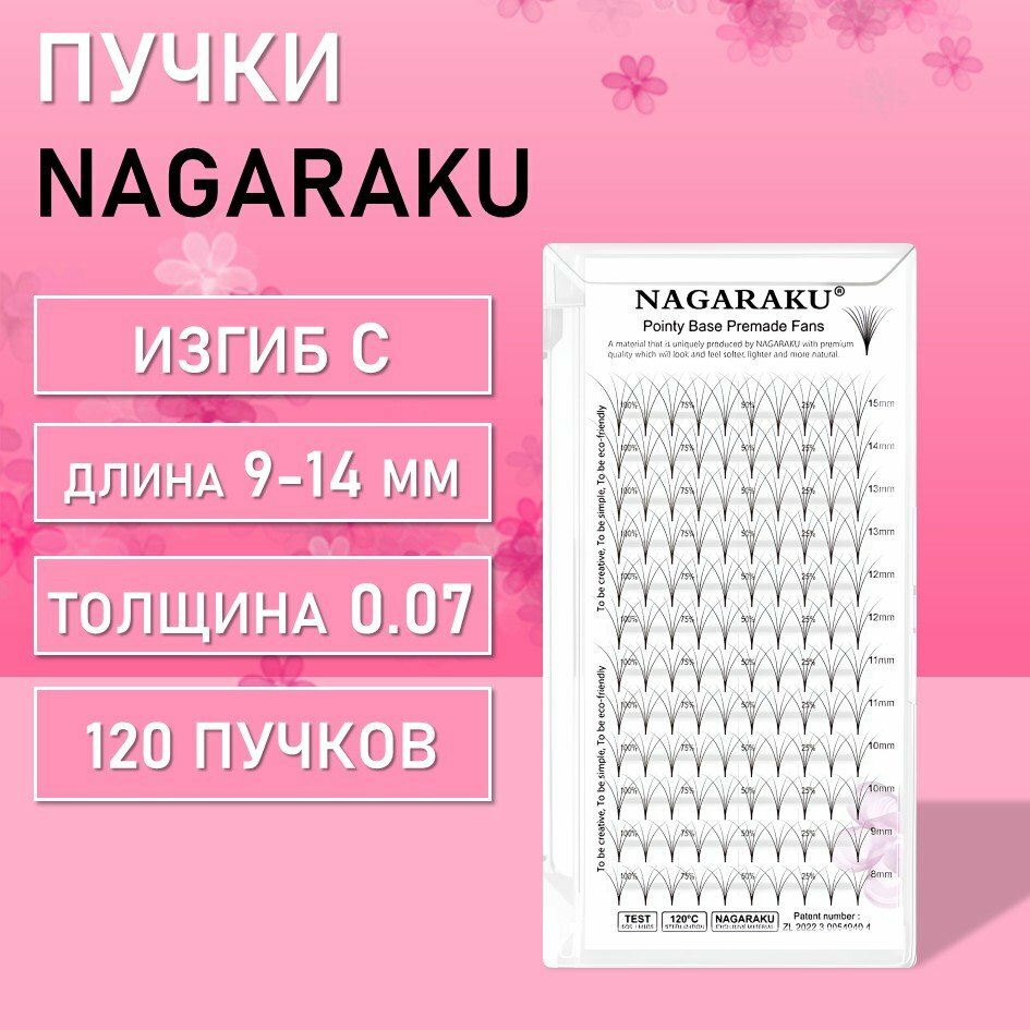 Пучковые черные ресницы Nagaraku Pointy Base 4D small C, 0.07, 9-14 mm