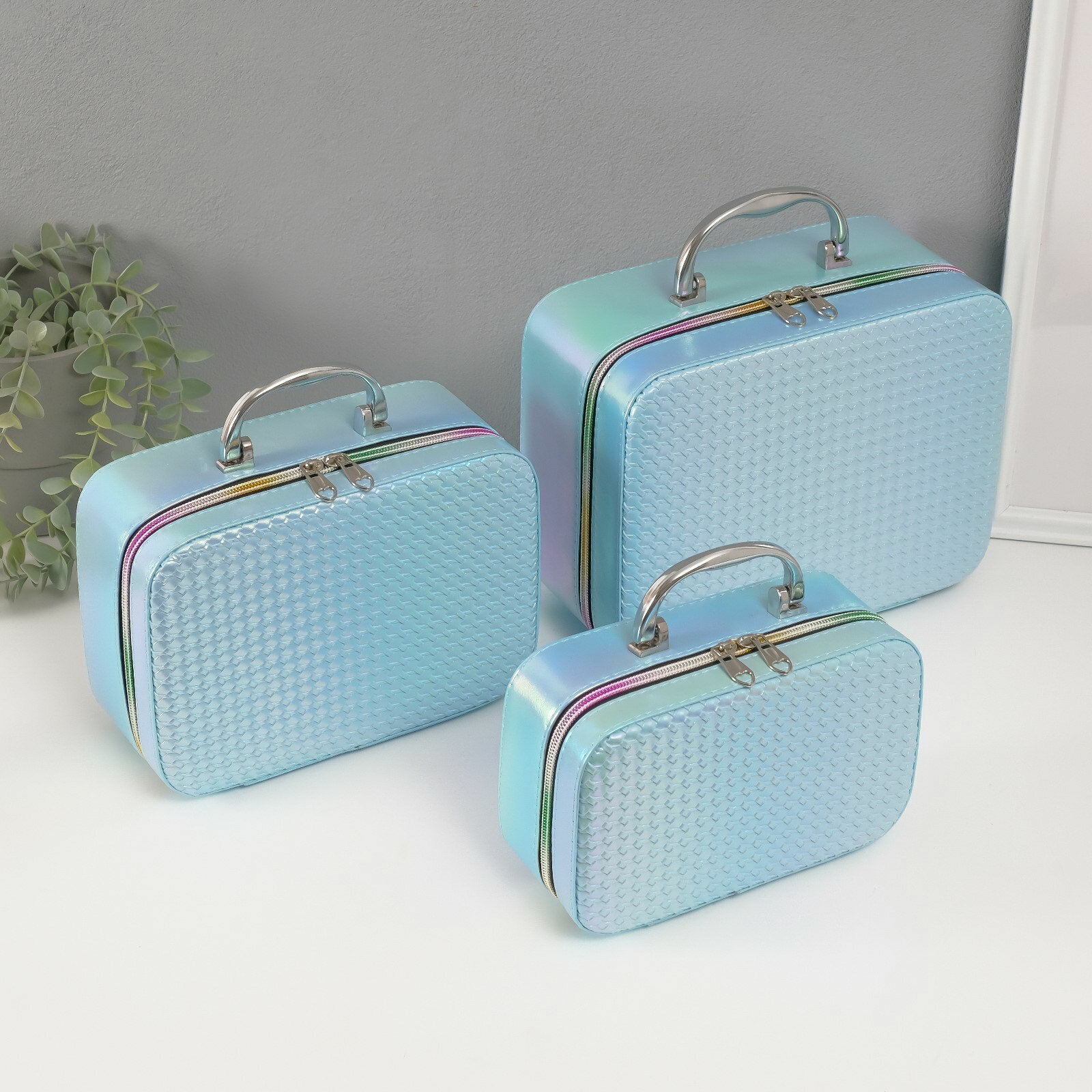Набор шкатулок для украшений с зеркалом "Плетение", 3 шт, искусственная кожа, голубая