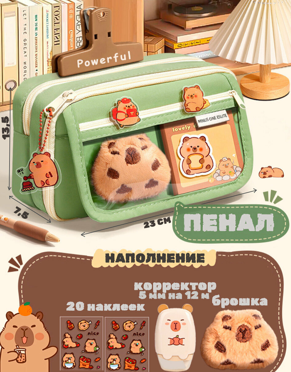 Пенал школьный большой ёмкости с наполнением, зелёный капибара