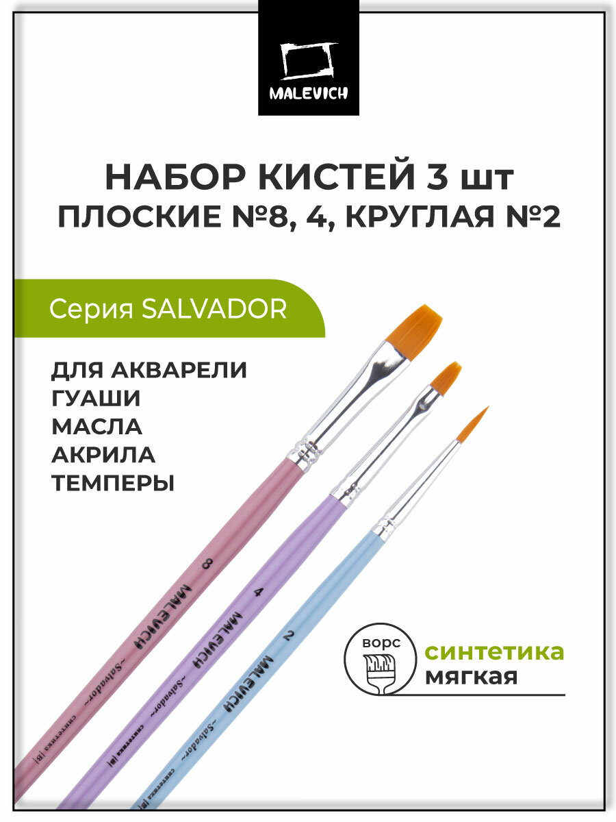 Набор кистей из синтетики Малевичъ Salvador, круглые 2, плоские 4, 8