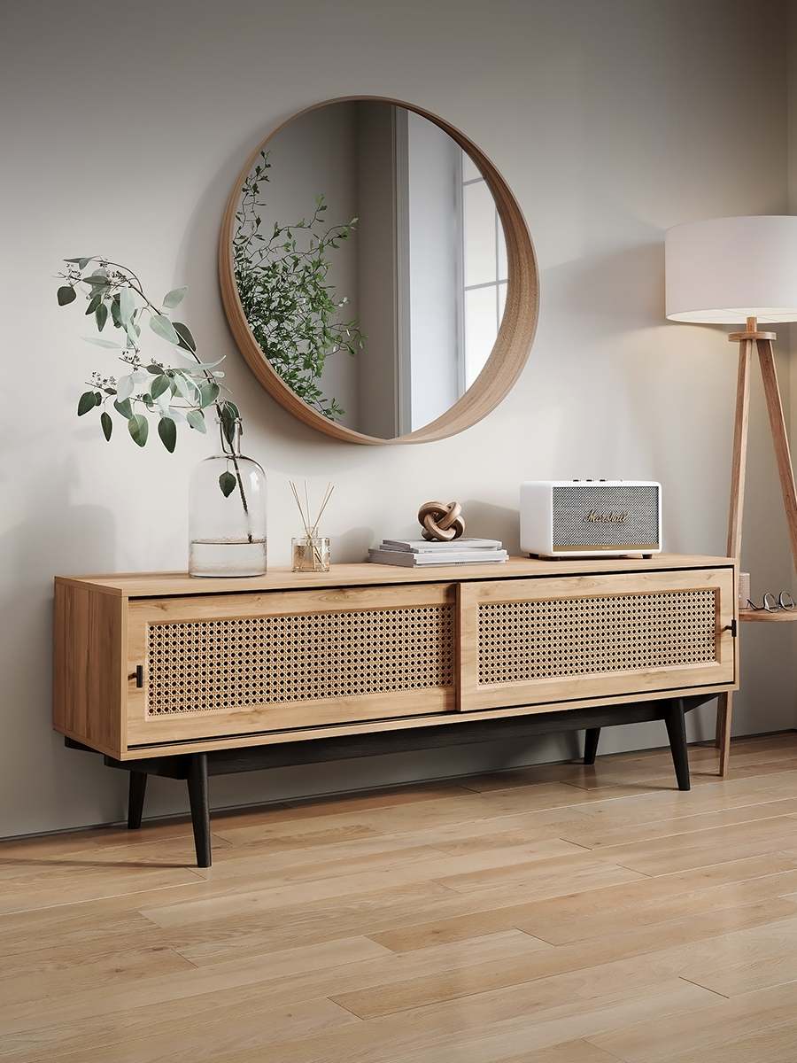 Тумба под телевизор напольная Puzzlemebel Бохо, фасад из плетенного ротанга на ножках, длина 150 см, светло-коричневый