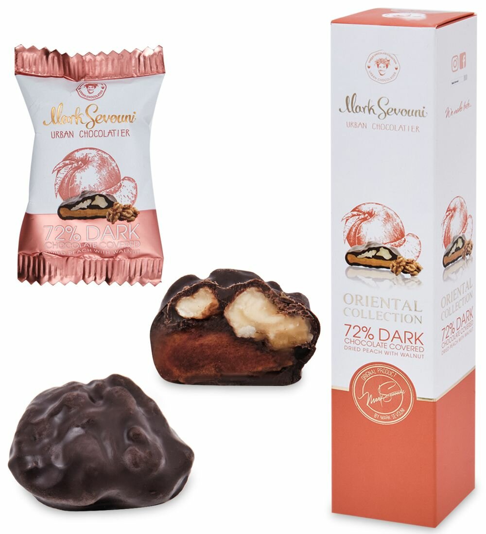 Персик с грецким орехом в шоколаде 72% в коробочке 130гр (Mark Sevouni)