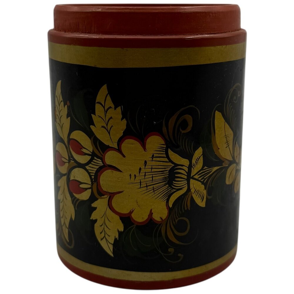 Хохломская роспись Банка "Цветы", 13 см, дерево, роспись, лак, 1970-1980 гг, Семенов, СССР