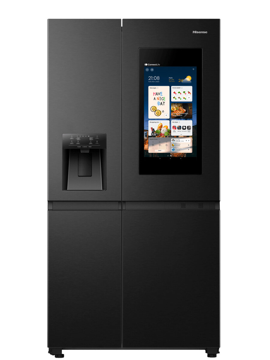 Холодильник Side by Side Hisense RS9P628GPFE, 614 л, NoFrost Plus, 21-дюймовый Smart screen, ледогенератор, управление по Wi-Fi, черный