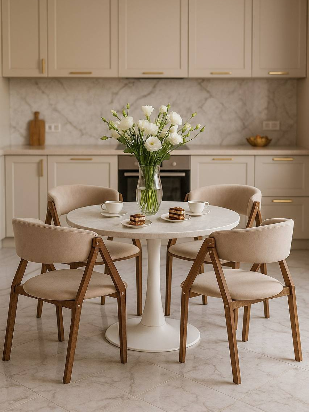 Стулья для кухни комплект 4 шт со спинкой без подлокотников мягкие деревянные, кресла для обеденной зоны, велюр, бежевый