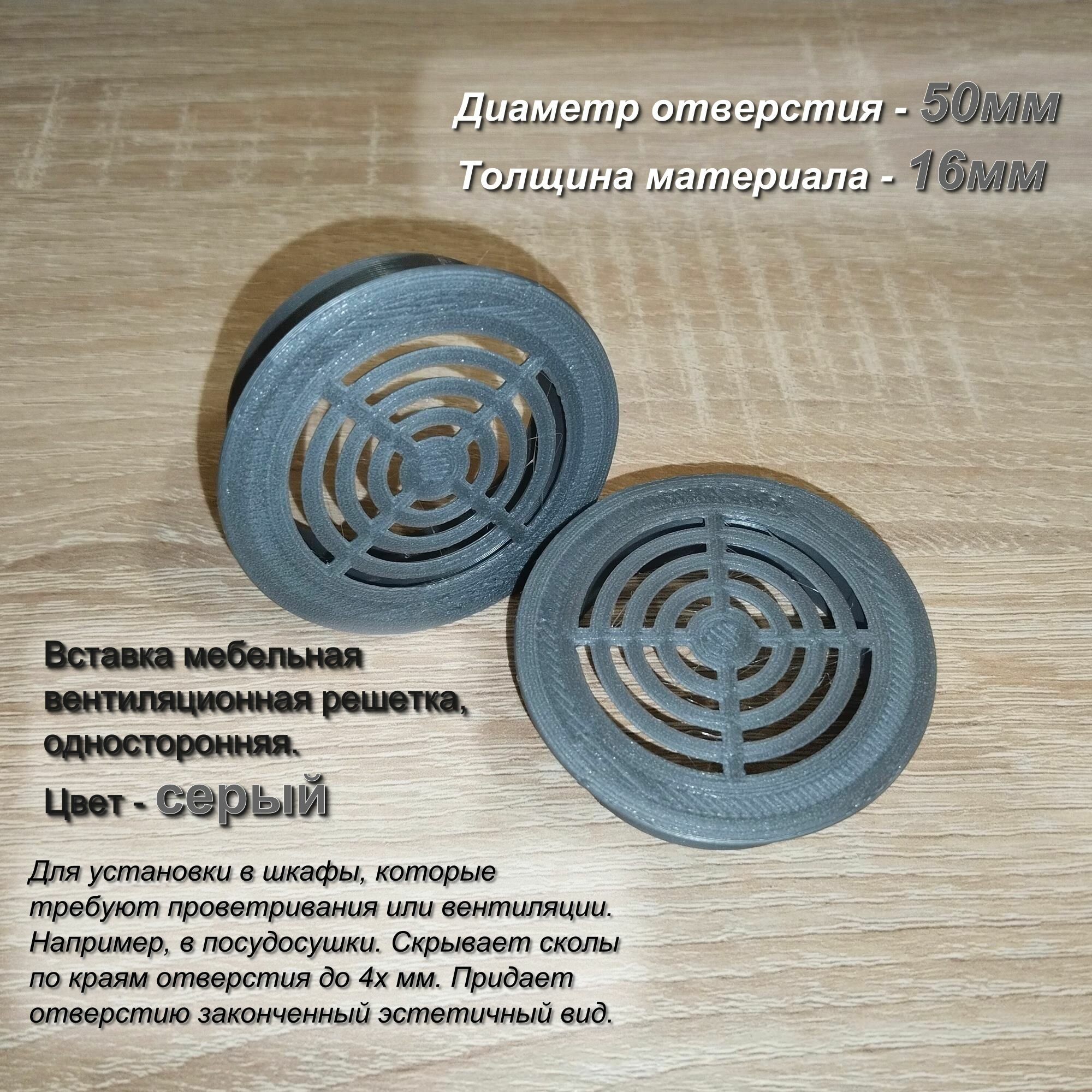 Решетка вентиляционная круглая серая в шкаф посудосушку диаметром 50мм