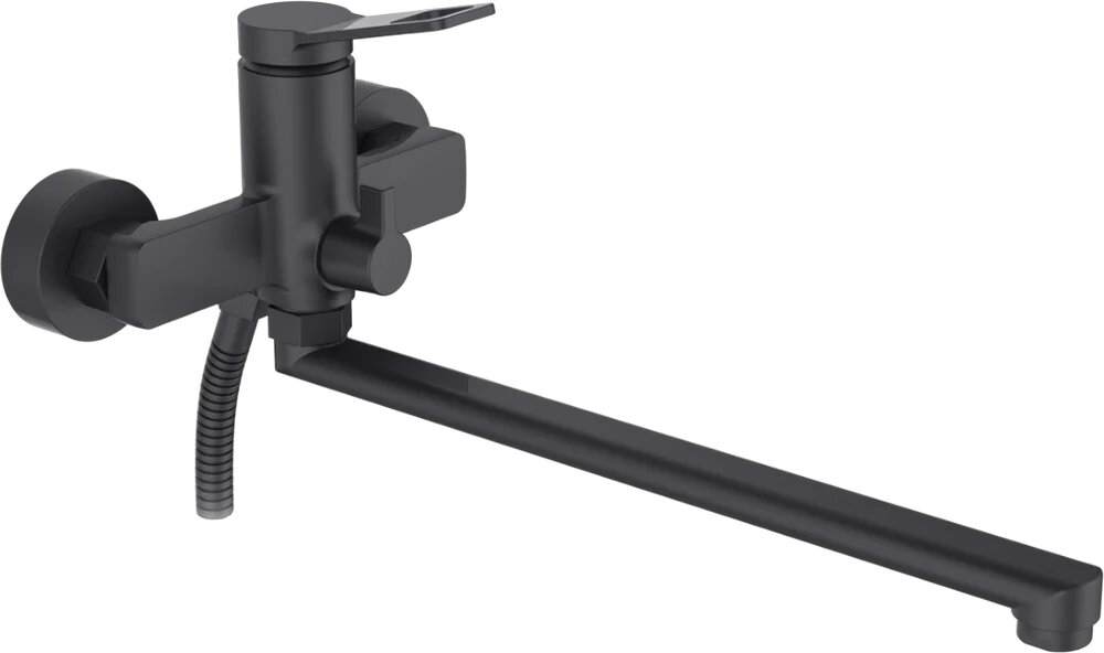 Смеситель с длинным изливом для ванны D-lin D147364-A с душевым гарнитуром, поворотный, металлический, черный, матовый, смеситель для ванны с душем, рычажный, с настенным держателем