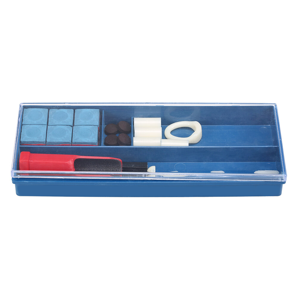 Набор для ремонта бильярдных кийов 20-в-1: шариковая мел, наконечники киев, наконечники для киев, клещи для наконечников, шлифовальная бумага для наконечников, триммер для наконечников, хранилище в коробке (6 мел, 6 наконечников, 4 наконечника, 1 клещ, 1