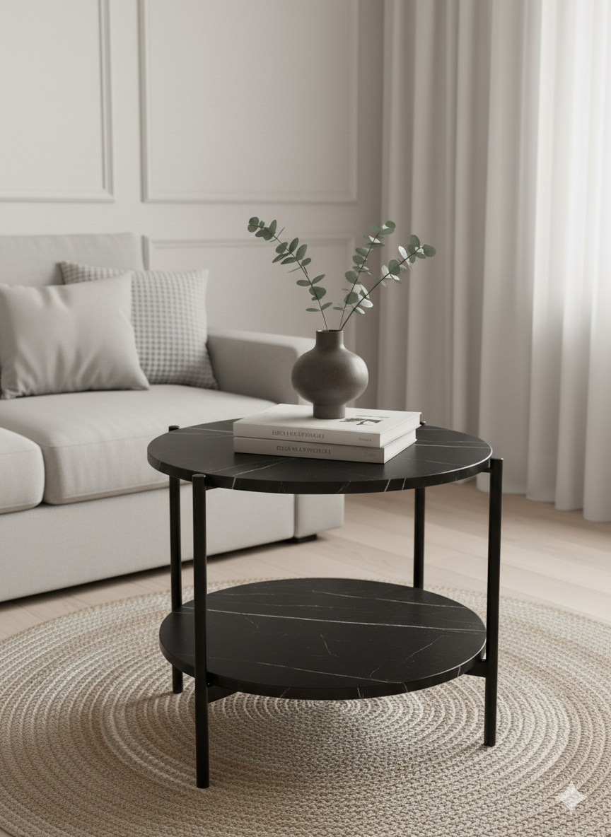 Журнальный стол круглый с полкой Лотос черный мрамор из МДФ в пленке ПВХ, 50х50х47