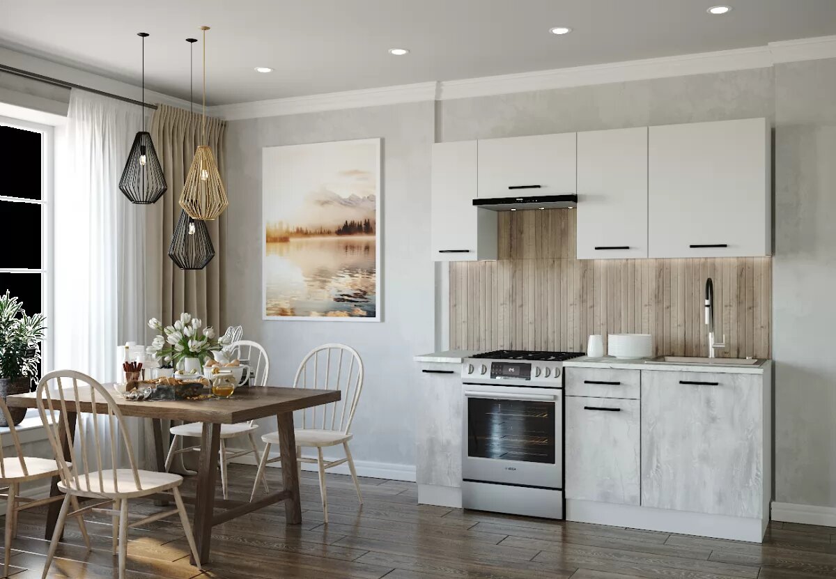 Кухонный гарнитур Sanvut Бланка-1800 столешница 26 мм, каркас ЛДСП, фасад ЛДСП, Белый/Жемчуг/Пайн