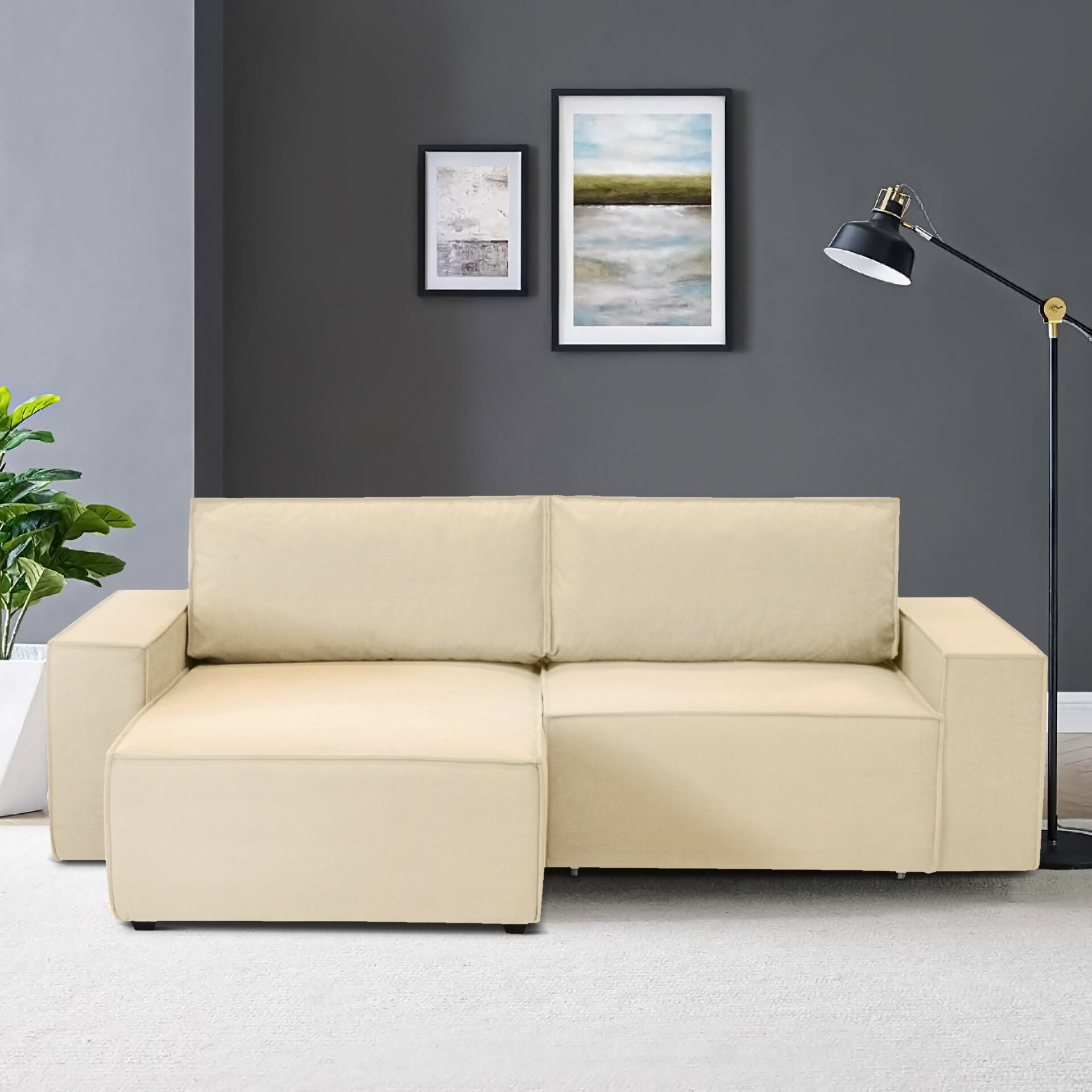 Диван с оттоманкой Софт 2 (малый) Vivaldi 03 NEW 240x150x80 см, бежевый Велюр, еврокнижка Дом мебели для вас