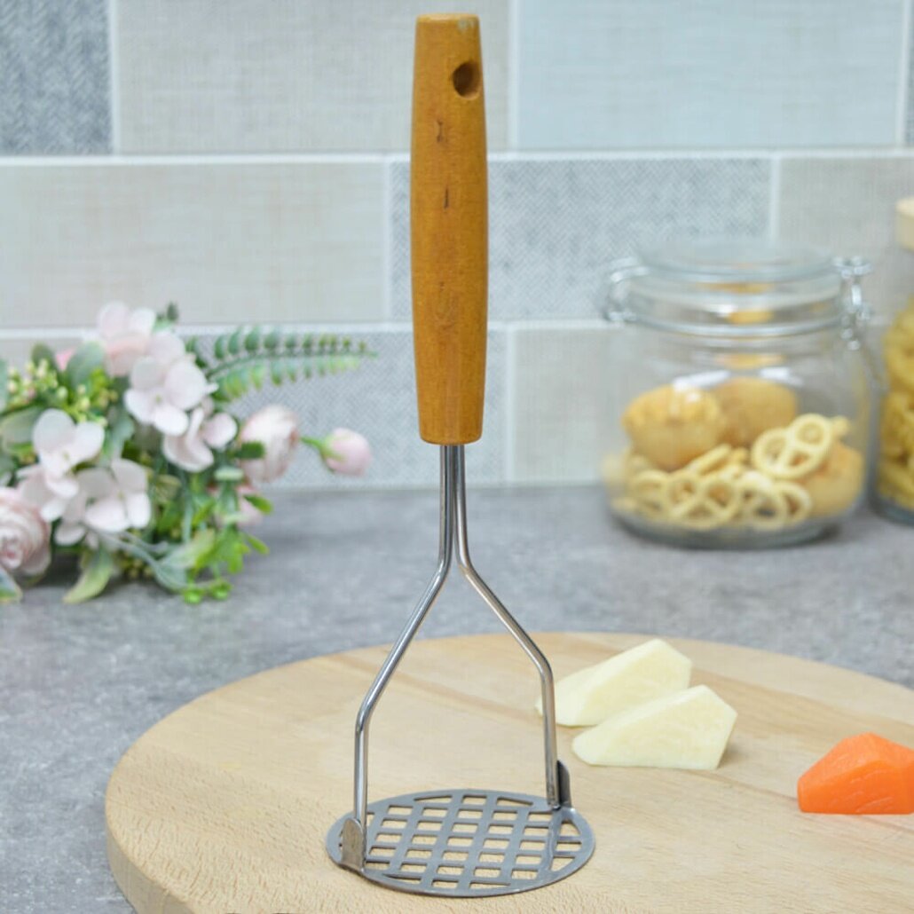 Картофелемялка быстрый комфорт, нержавеющая сталь 8,5×23,5см, деревянная ручка, серебристый корпус