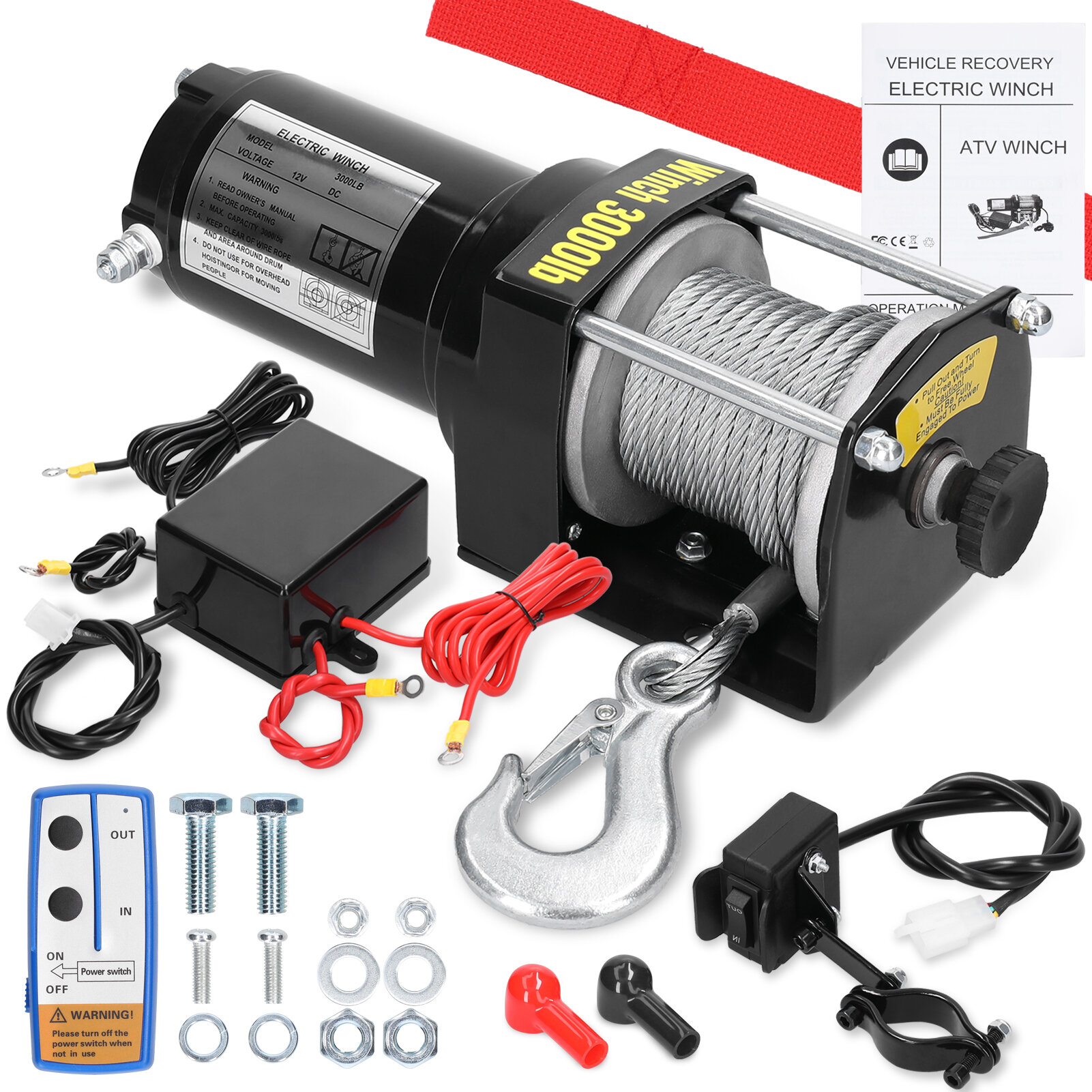 Комплект электрической лебедки 12 В 3000 фунтов для внедорожной езды, стальной трос, 29,5 футов, для трактора, с проводным и беспроводным пультом дистанционного управления, для буксировки квадроциклов, мотовездеходов и прицепов.