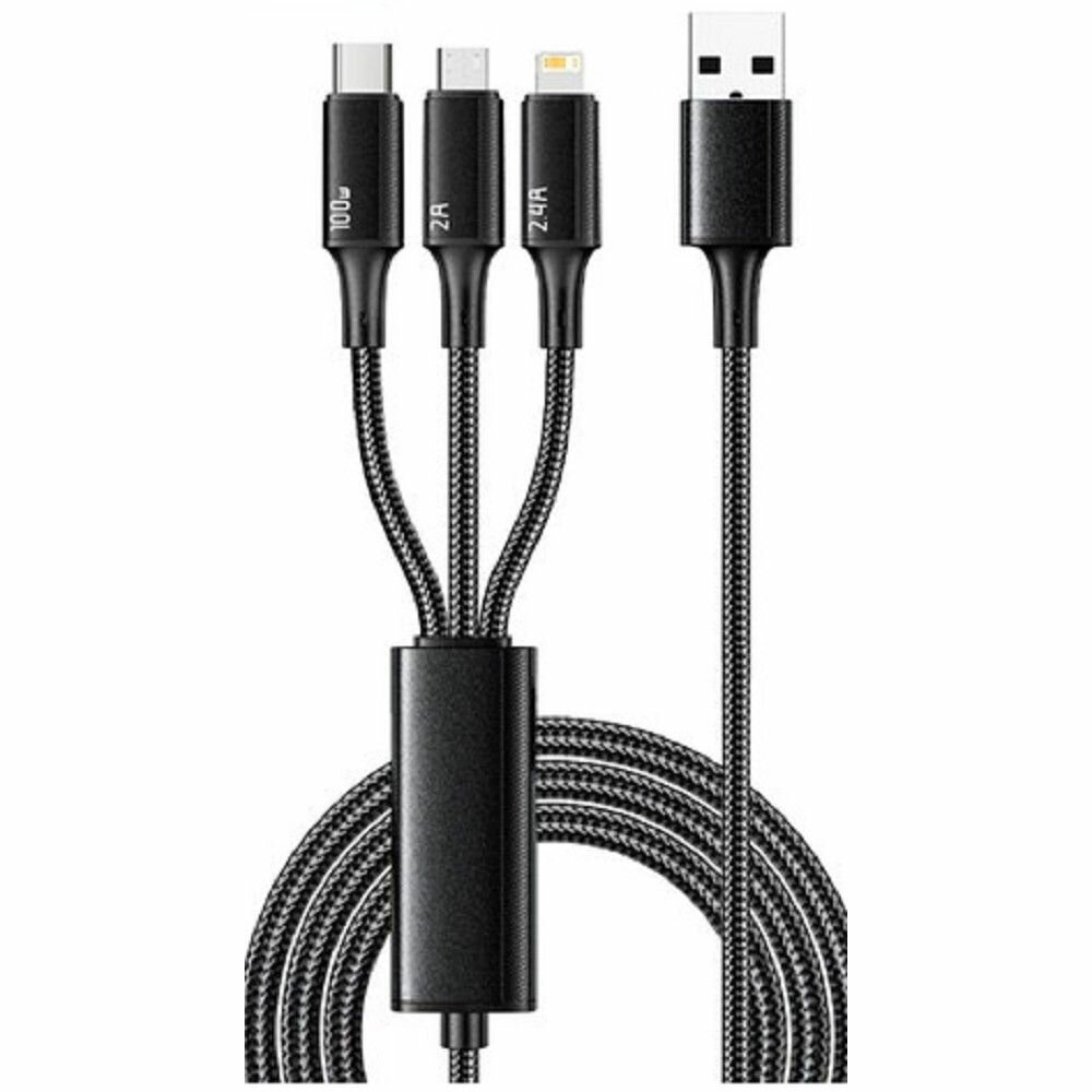 Rexant Кабели 18 - 7075 Кабель USB 3в1 Type - С 6A , Lightning 2,4A , micro USB 3A 1,2м, в черной оплетке