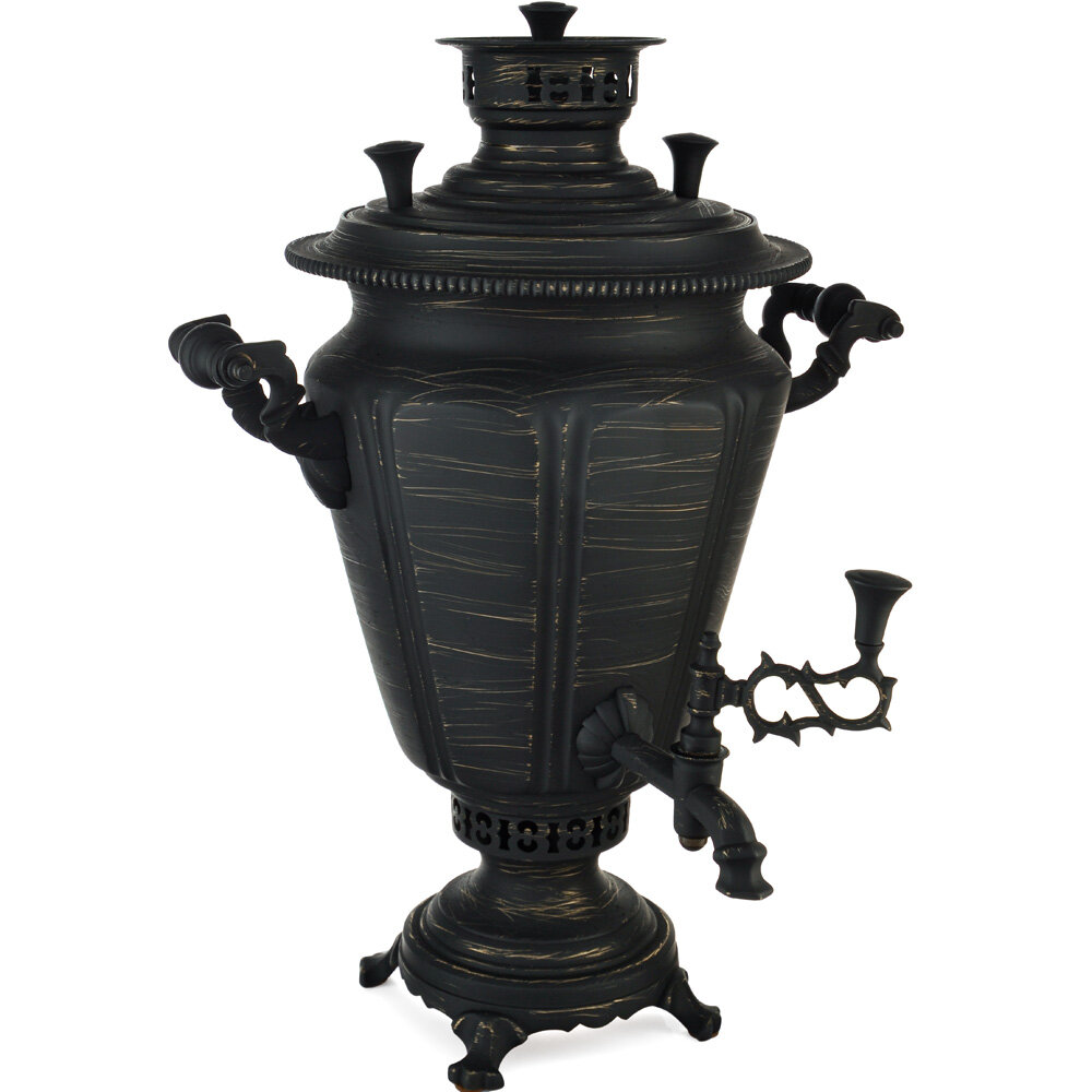 Самовар антикварный на дровах 5,5 литра формы «Рюмка гранная», золотые нити в патине