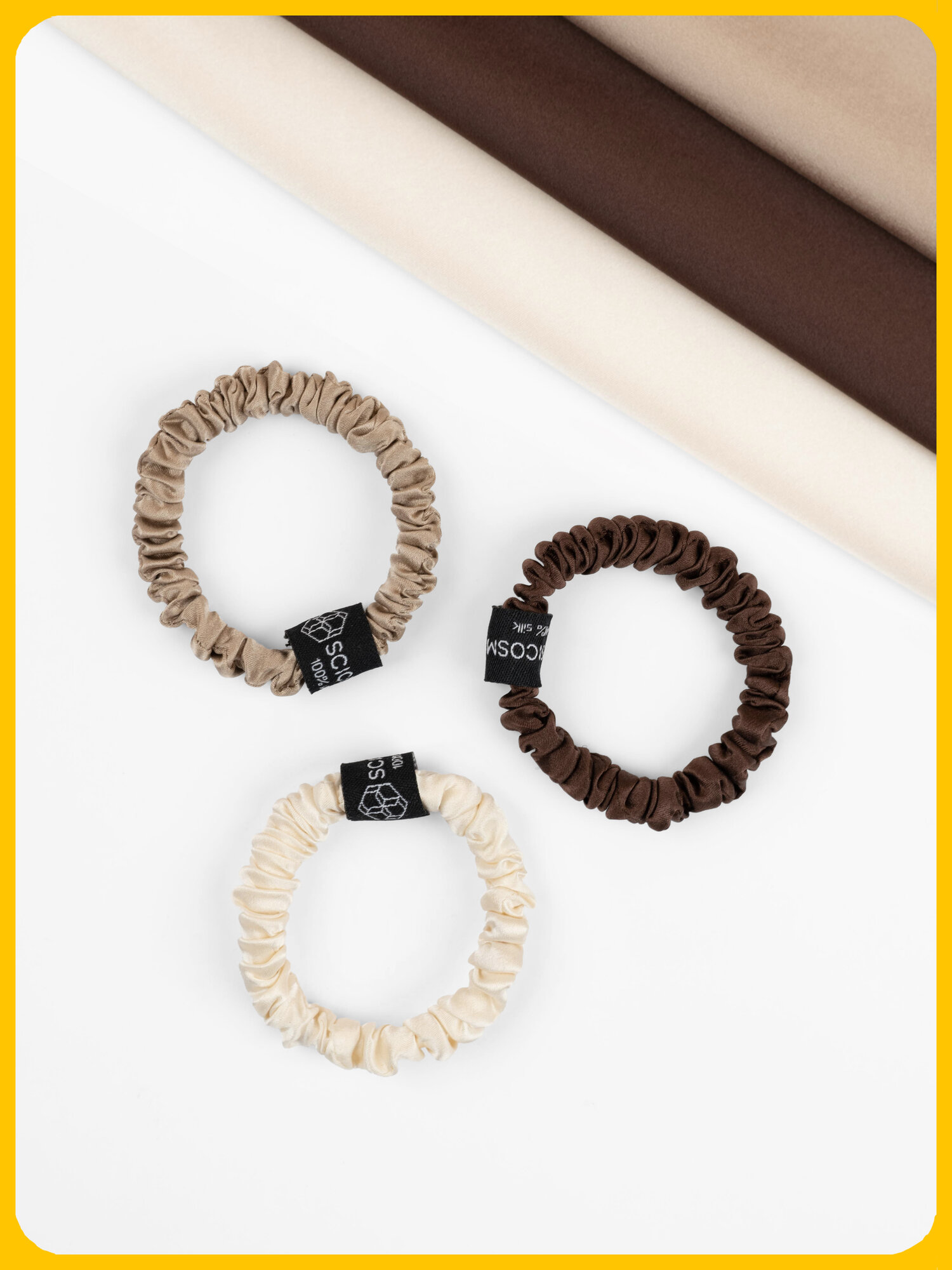 100% натуральный шелк 19 момми/Набор из 3-х резинок 1 см/цвета: светлый шампань, темный шампань, шоколадный