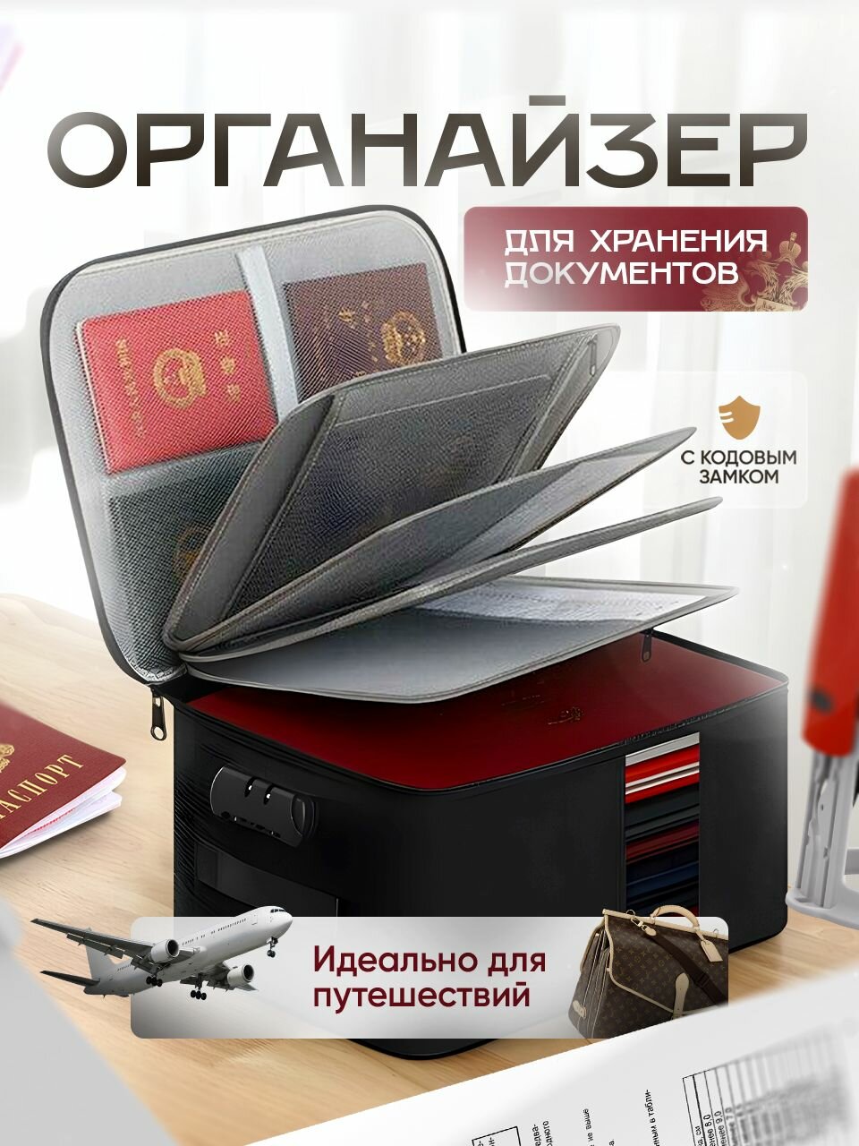 Органайзер для хранения документов А4 с кодовым замком, семейный, черный