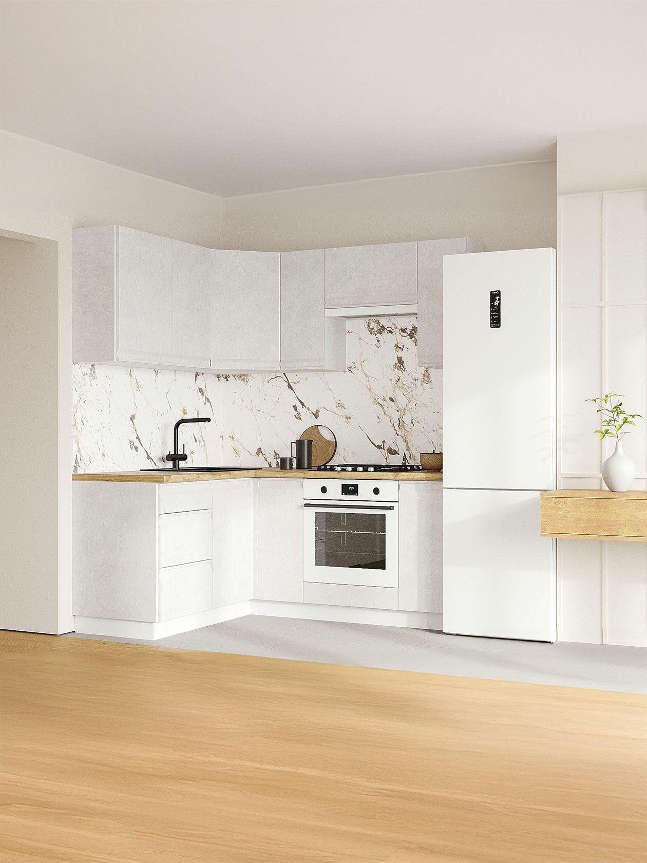 Кухонный гарнитур Велюр 180х150 см, мебель для дома и кухни, Белый / Бетон снежный