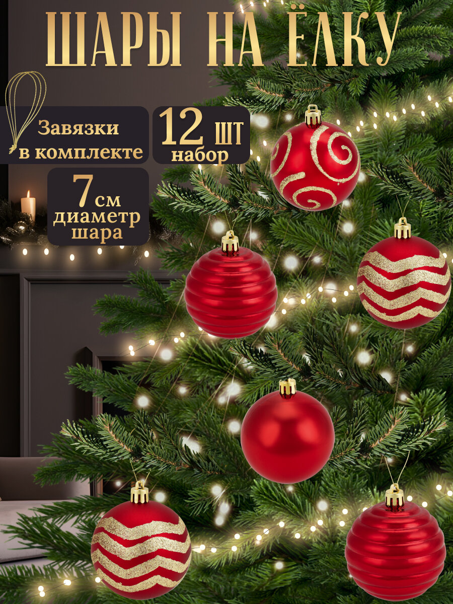 Новогоднее украшение Набор ёлочных шаров "Триумф" 12 шт, 7 см, красный НШ-1495