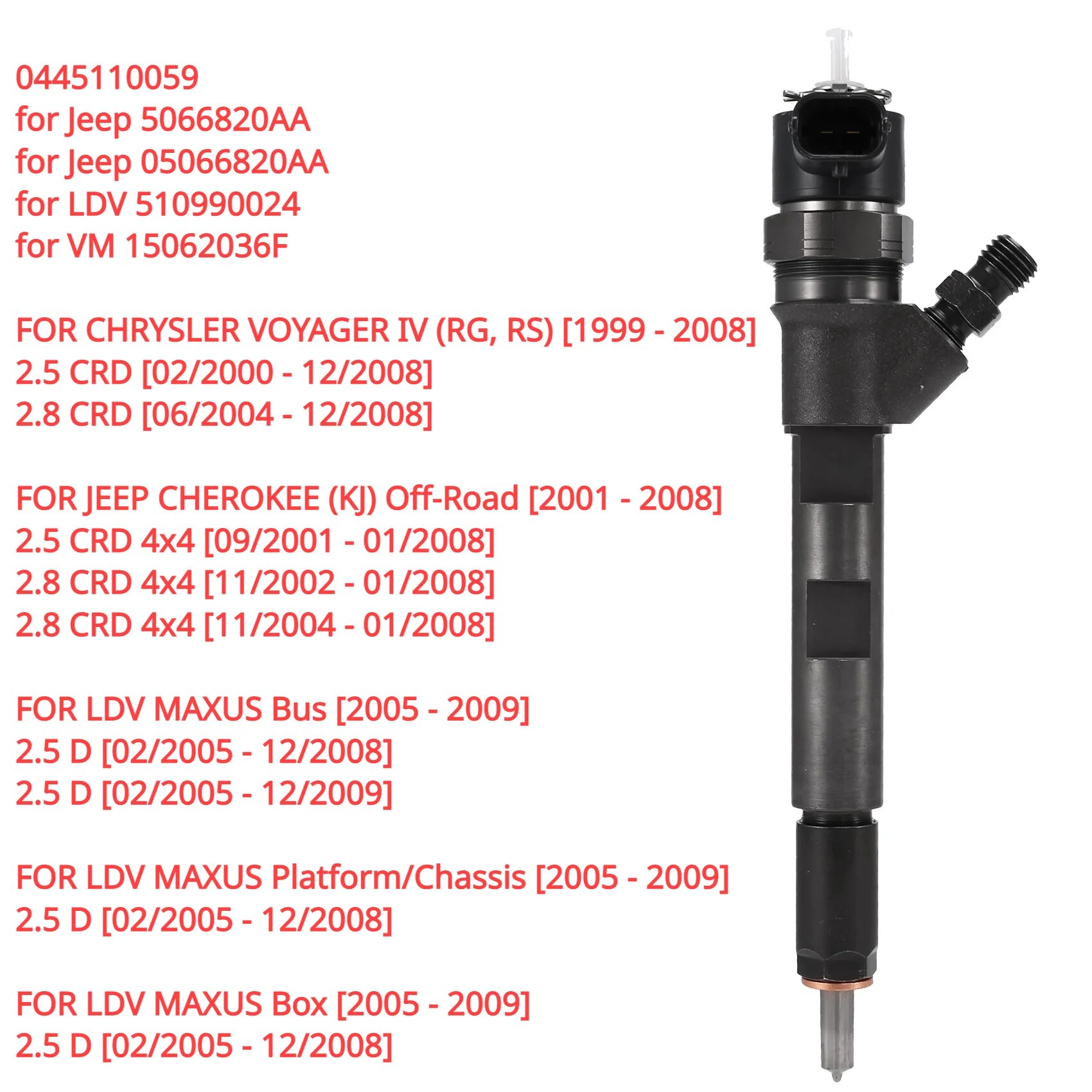 0445110059 форсунка дизельного топлива 05066820AA для Jeep Cherokee (KJ) MK2 2,8 CRD 2001-2008