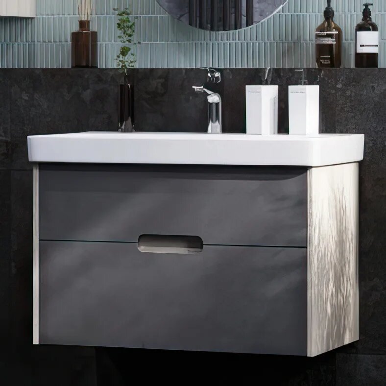 Тумба с раковиной AQUATON Оливия 80 подвесная, 80 см, серая, светлое дерево, матовая, из МДФ, с ящиками, раковина для ванной фарфоровая, прямоугольная