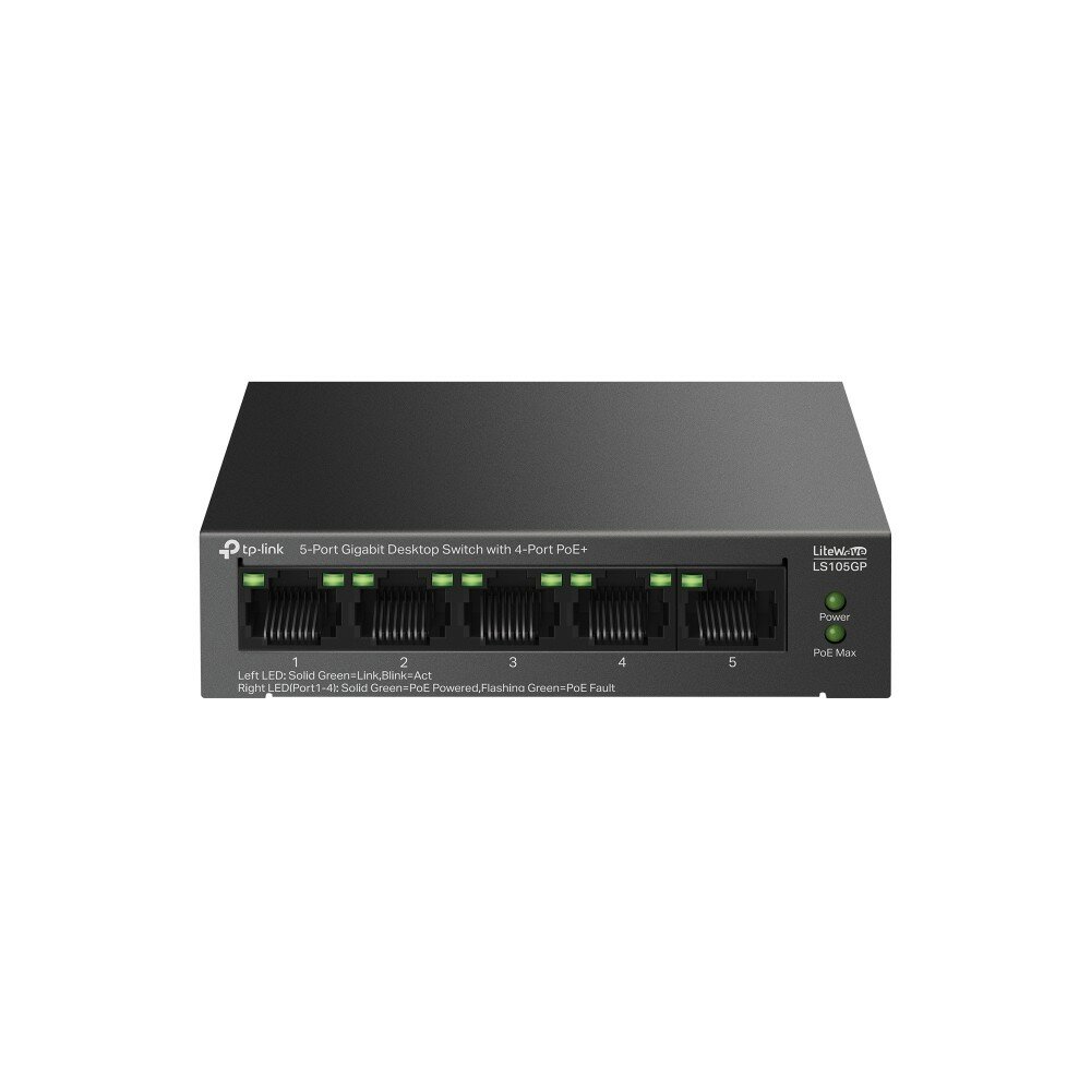 Коммутатор TP-Link LS105GP гигабитный неуправляемый, 5xRJ45 1Гбит/с, PoE+ 65Вт, автосогласование и авто-MDI/MDIX