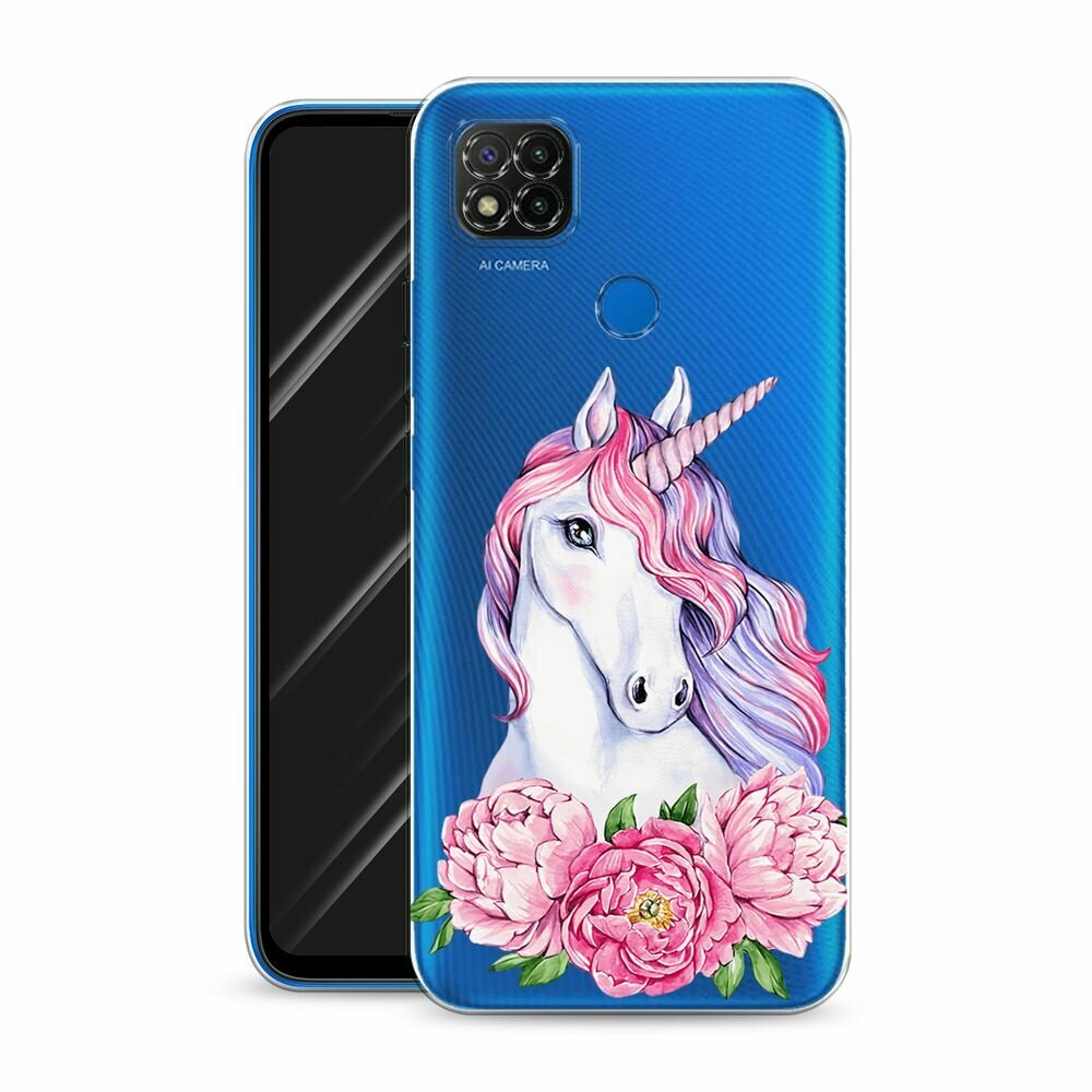 Чехол на Xiaomi Redmi 9C / Сяоми Редми 9C с принтом "Единорог с пионами", прозрачный — фото 1