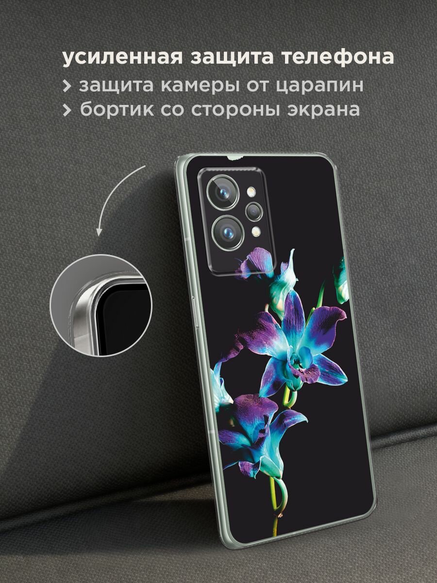 Чехол на Realme GT 2 Pro / Реалми GT 2 Про с принтом "Синий цветок на черном" — фото 1