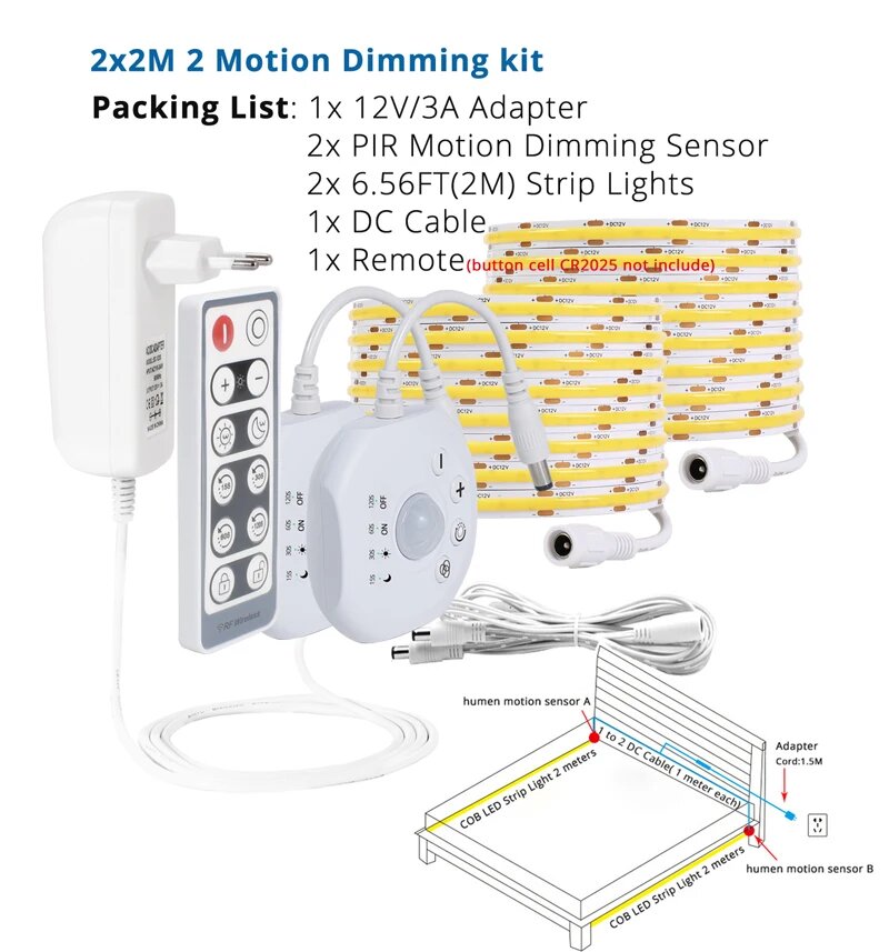 Светодиодная лента для подсветки кровати с пультом и 2X2M 2 Motion Dimmer, Warm White 3000K, EU Plug