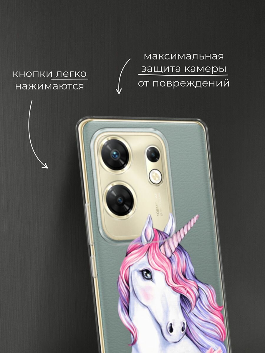 Чехол на Infinix Zero 30 4G / Инфиникс Зеро 30 4G с принтом "Единорог с пионами", прозрачный — фото 1