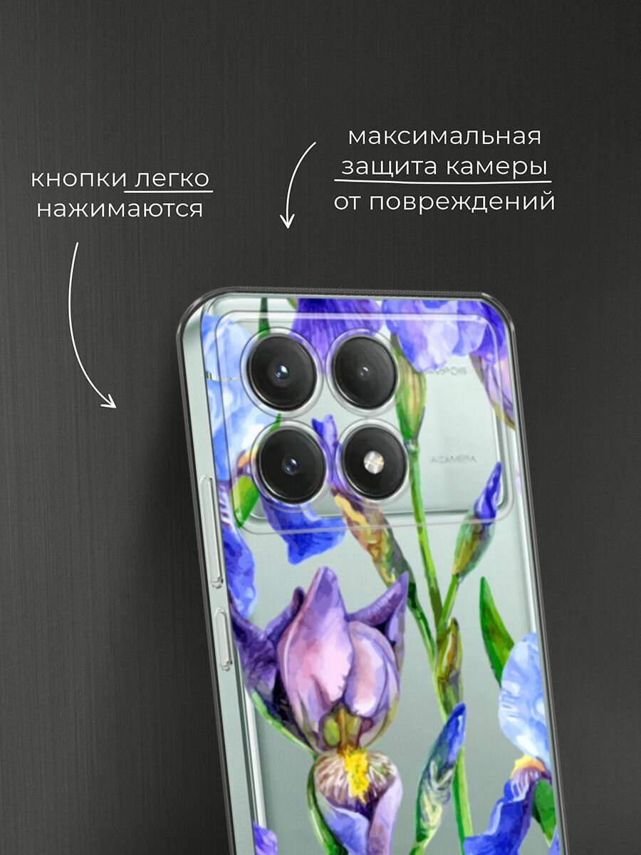Чехол на Xiaomi Poco X6 PRO 5G / Поко X6 Про 5G с принтом "Синие ирисы", прозрачный — фото 1