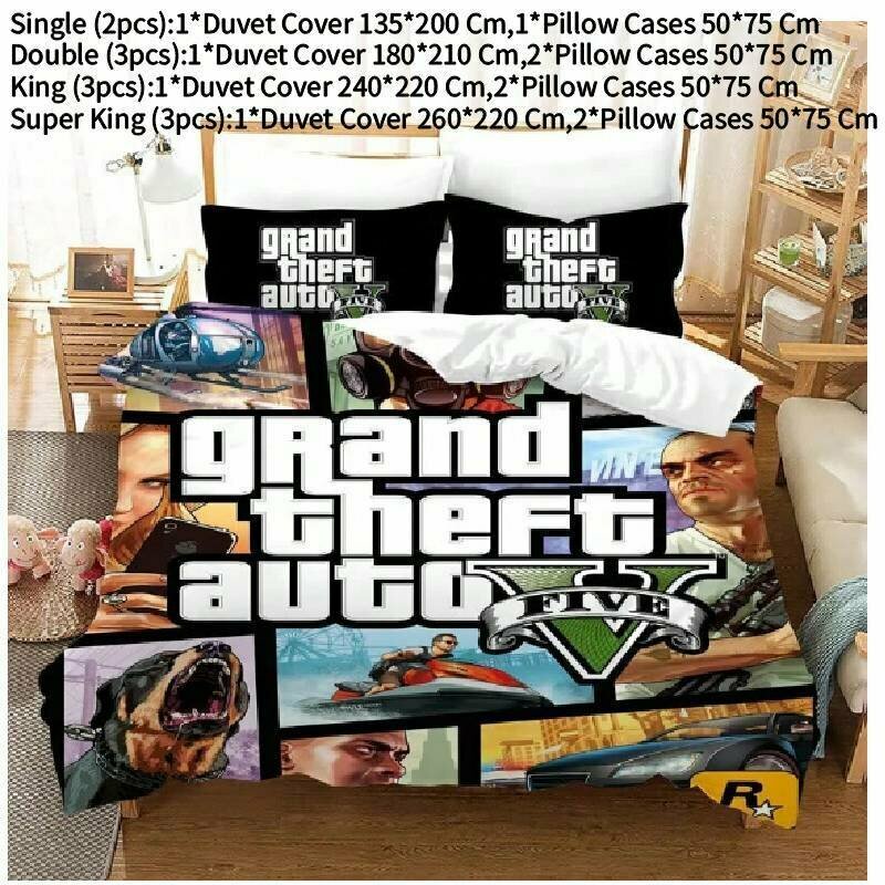 Набор постельного белья гранд theft auto мультяшный долговечный материал и пара наволочек для спальни одинарный