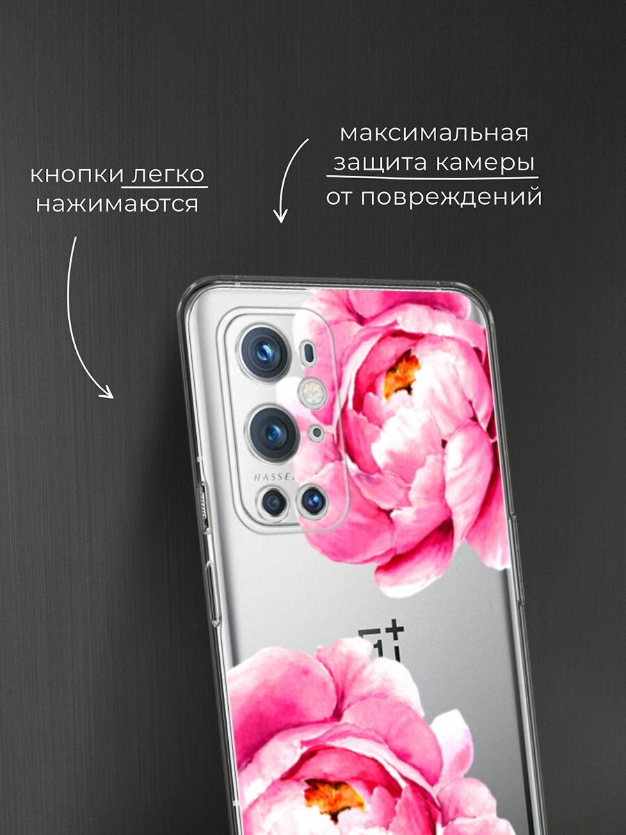 Чехол на OnePlus 9 Pro / ВанПлас 9 Про с принтом "Open peonies", прозрачный — фото 1