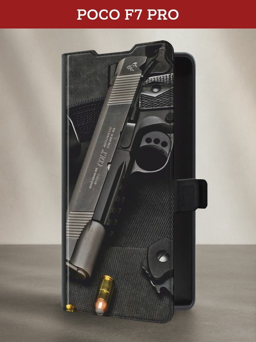 Чехол-книжка на Poco F7 Pro / Поко Ф7 Про с рисунком "Черный пистолет"