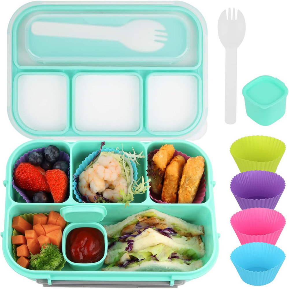 Набор контейнеров для обеда Bento Box 7 штук для взрослых и детей, контейнер для обеда с 4 разделами, приборы, баночка для соуса, бумажные формы для маффинов, 1300ML, светло-красный, зеленый, синий