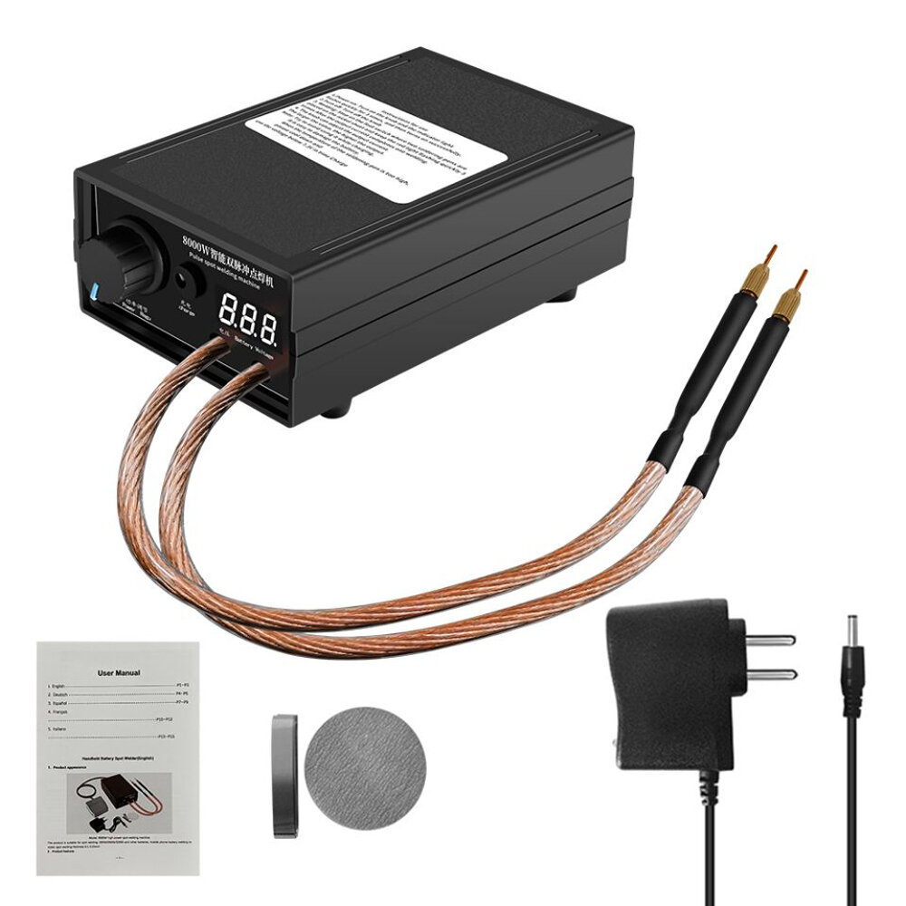 Сварочный аппарат точечный 8000W с двойным импульсом для сварки аккумуляторов 18650, аккумуляторов мобильных телефонов и никелевых листов толщиной 0.1-0.3мм, с питанием 100-240V, выходным напряжением 8.4V, током 1200A, длиной сварочного ручки 0.47м,