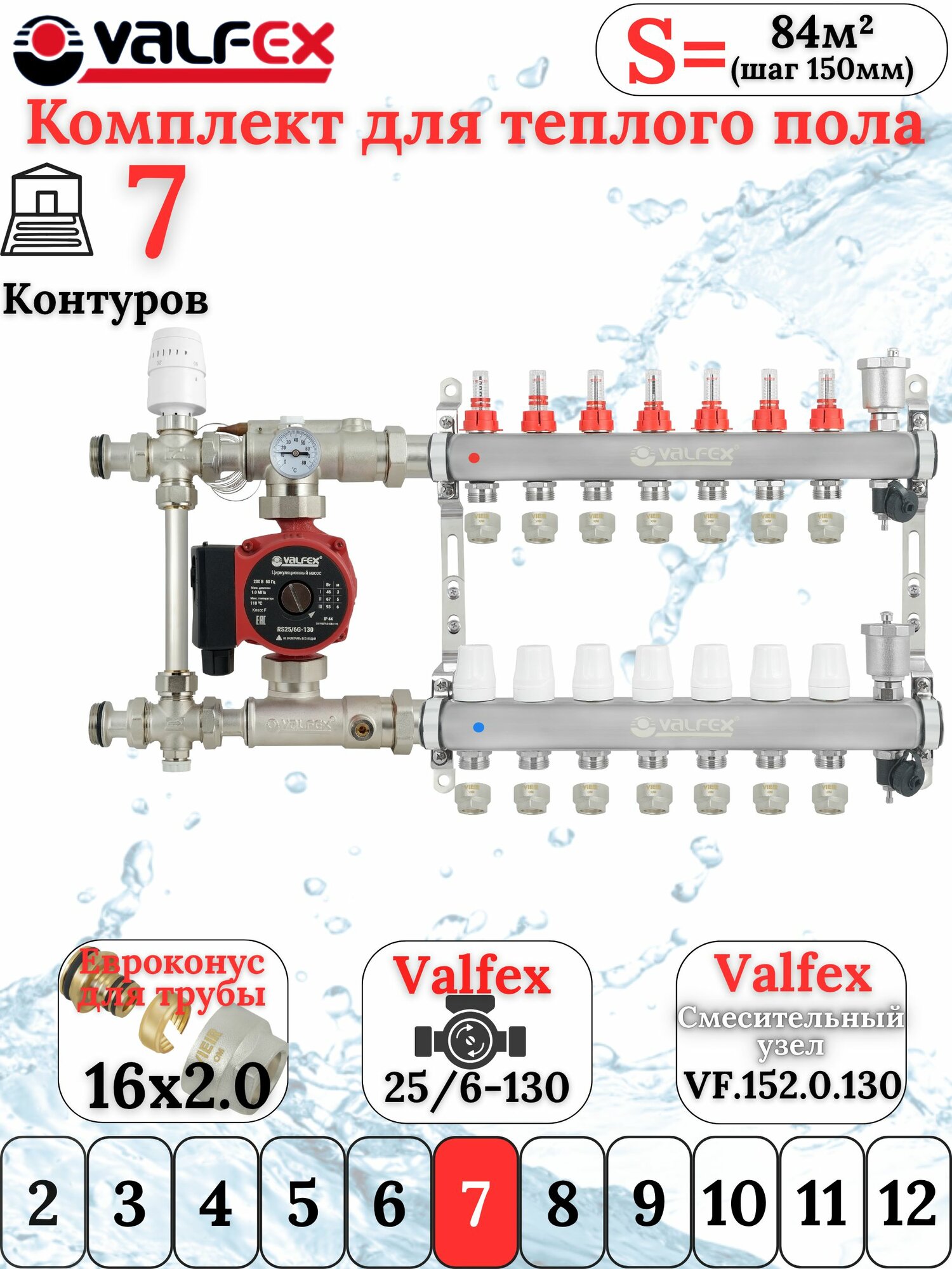 Комплект тёплого пола на 7 контуров VALFEX (Коллектор на 7 выходов+Насос+НСУ c байпасом+Евроконусы 16х2,0)